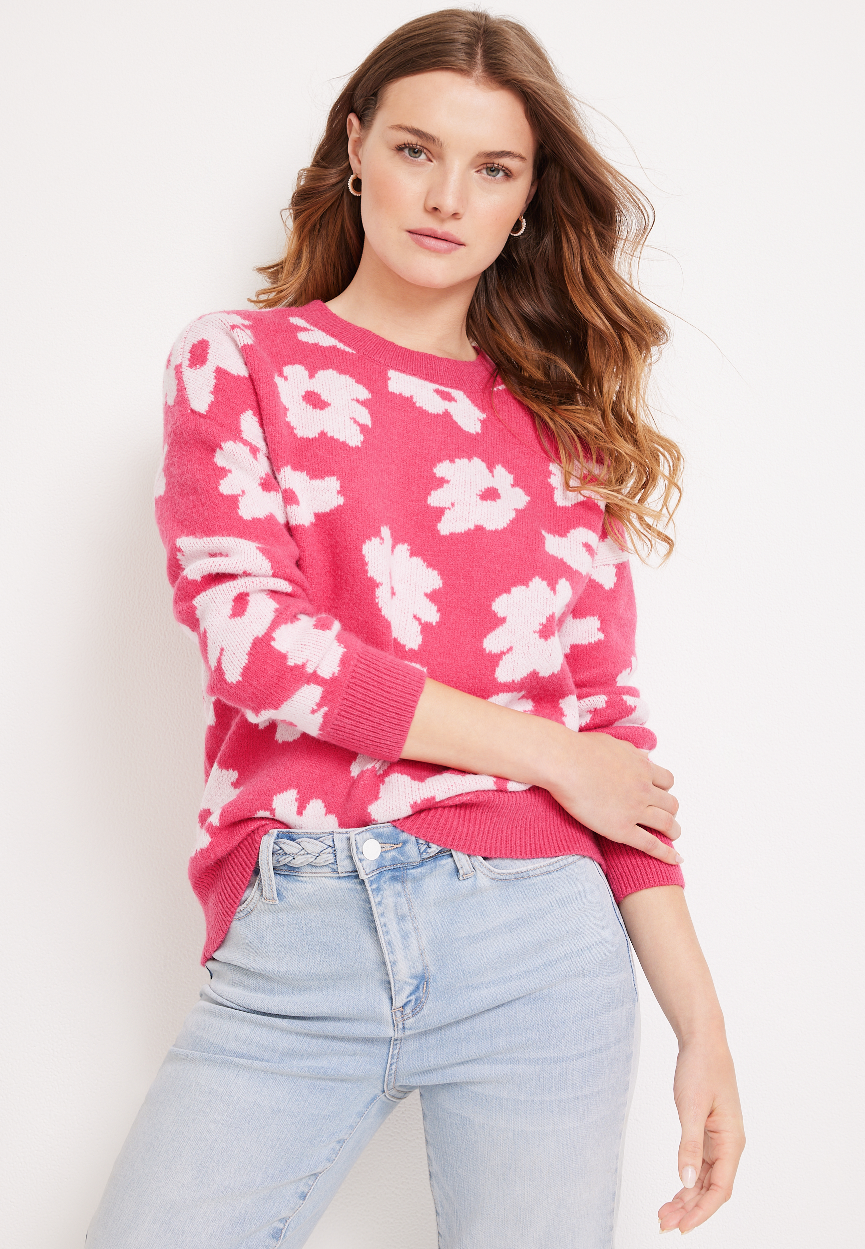 Pink Floral Jacquard Sweater | maurices