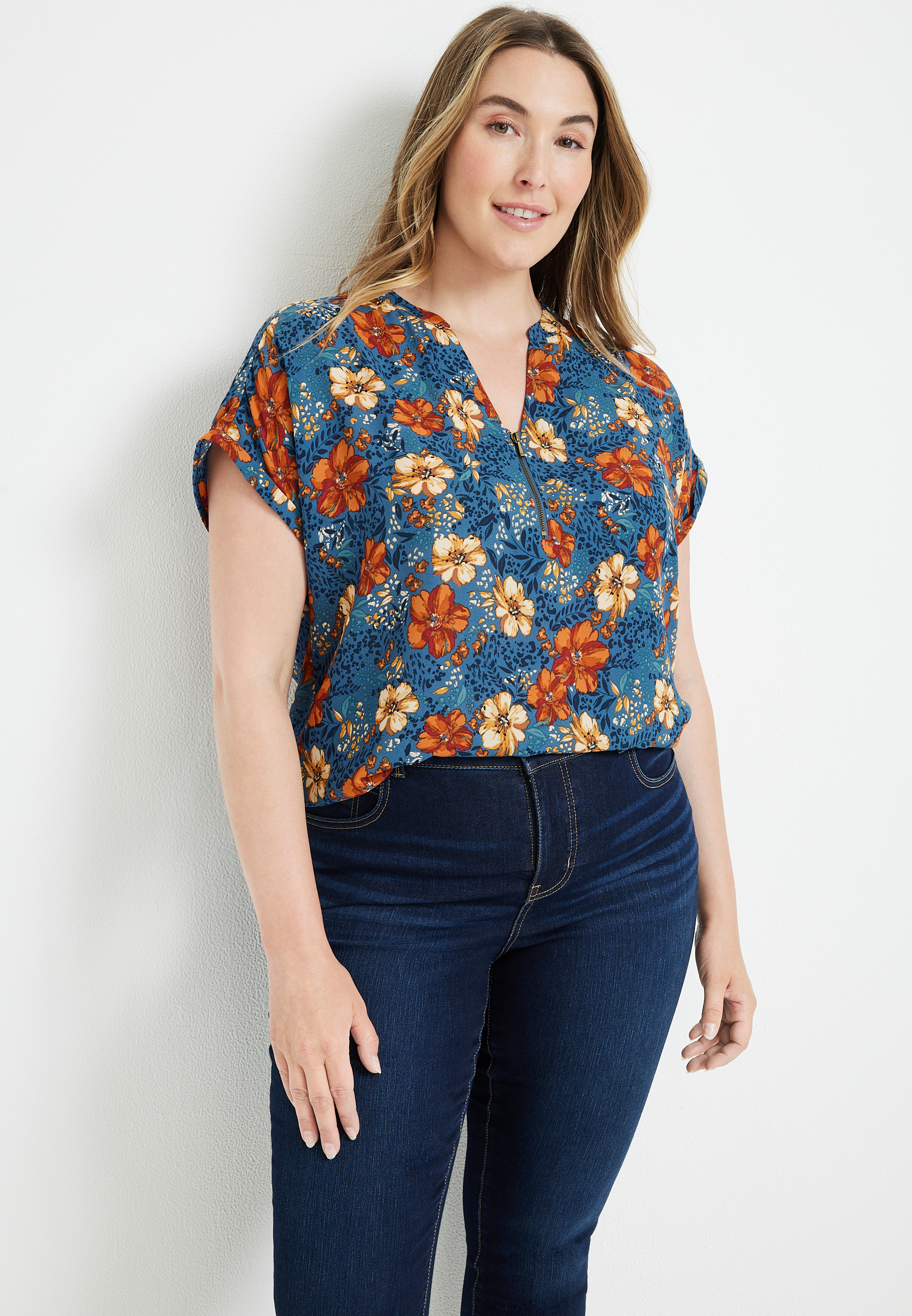 Plus Size Geneva Floral Zipper Neck Blouse | maurices