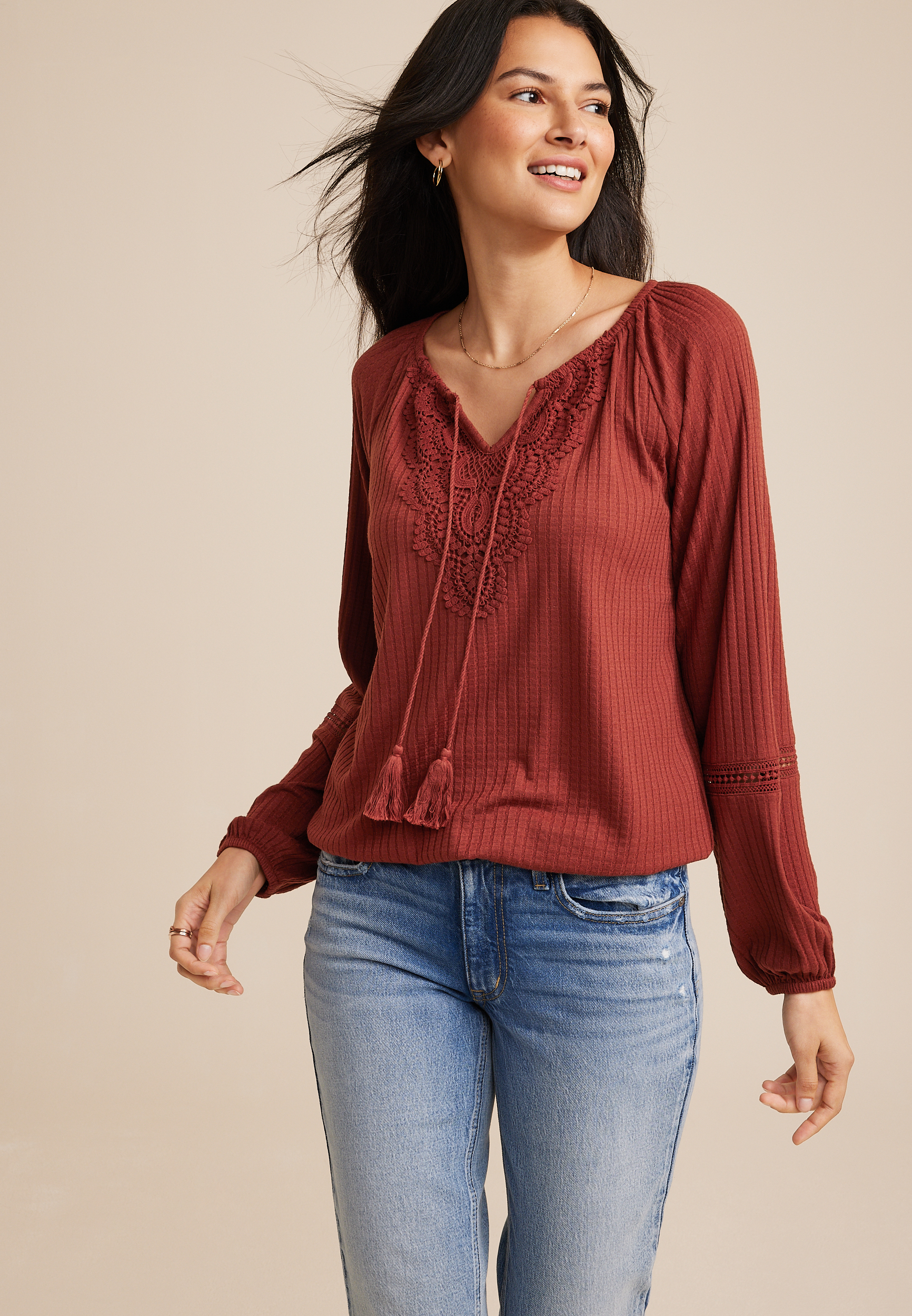 Crochet Yoke Trim Knit Blouse | maurices