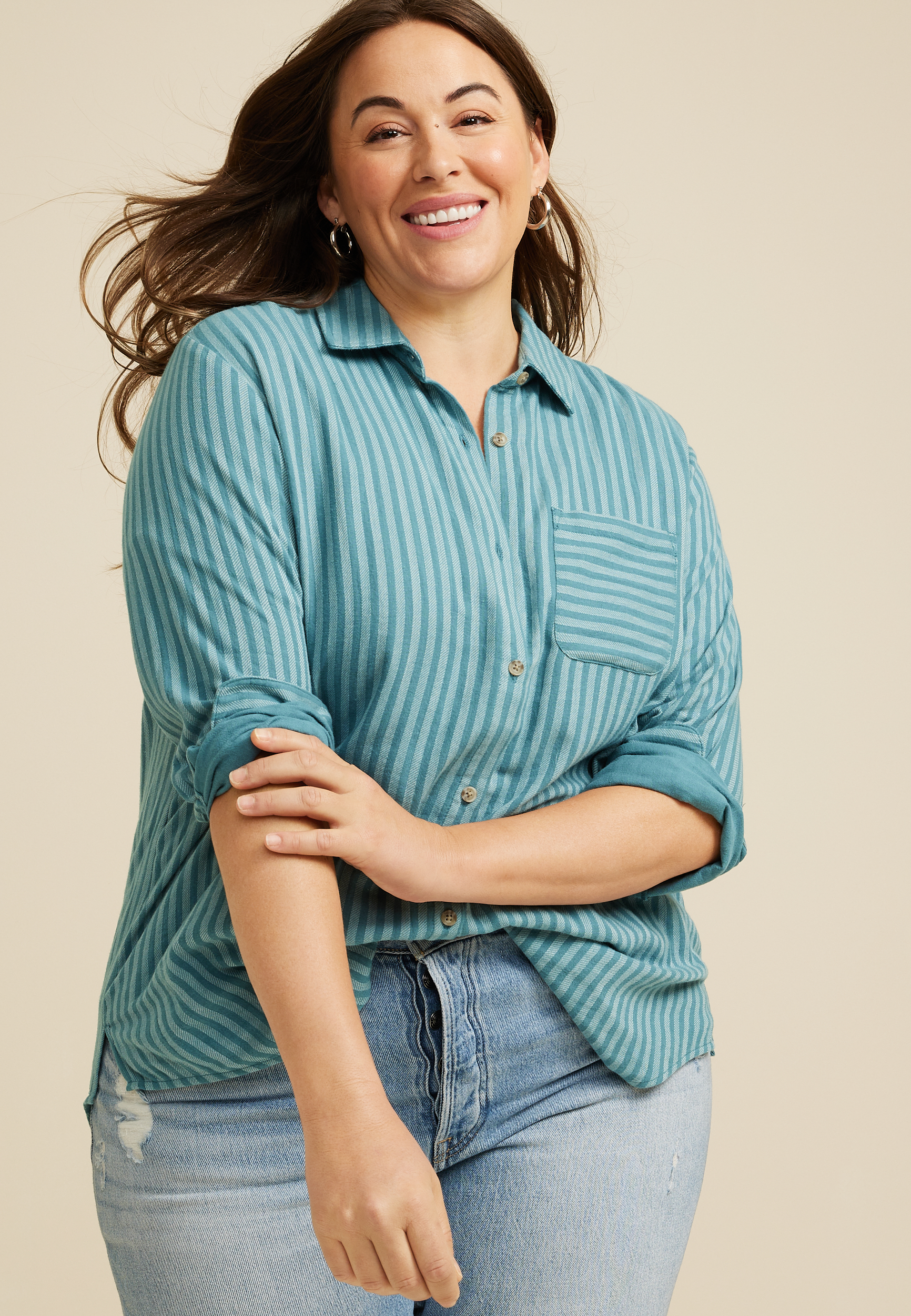 Plus Size Teal Striped Double Cloth Button Down Shirt | maurices