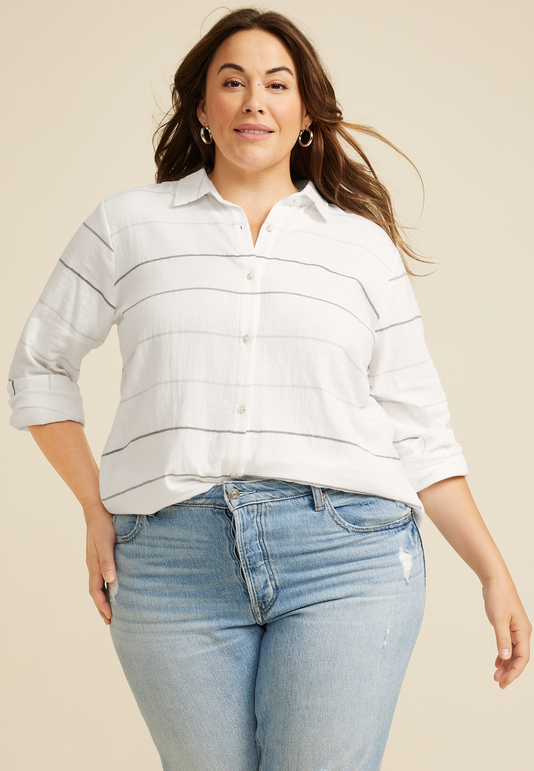 Plus Size Striped Double Cloth Button Down Shirt | maurices