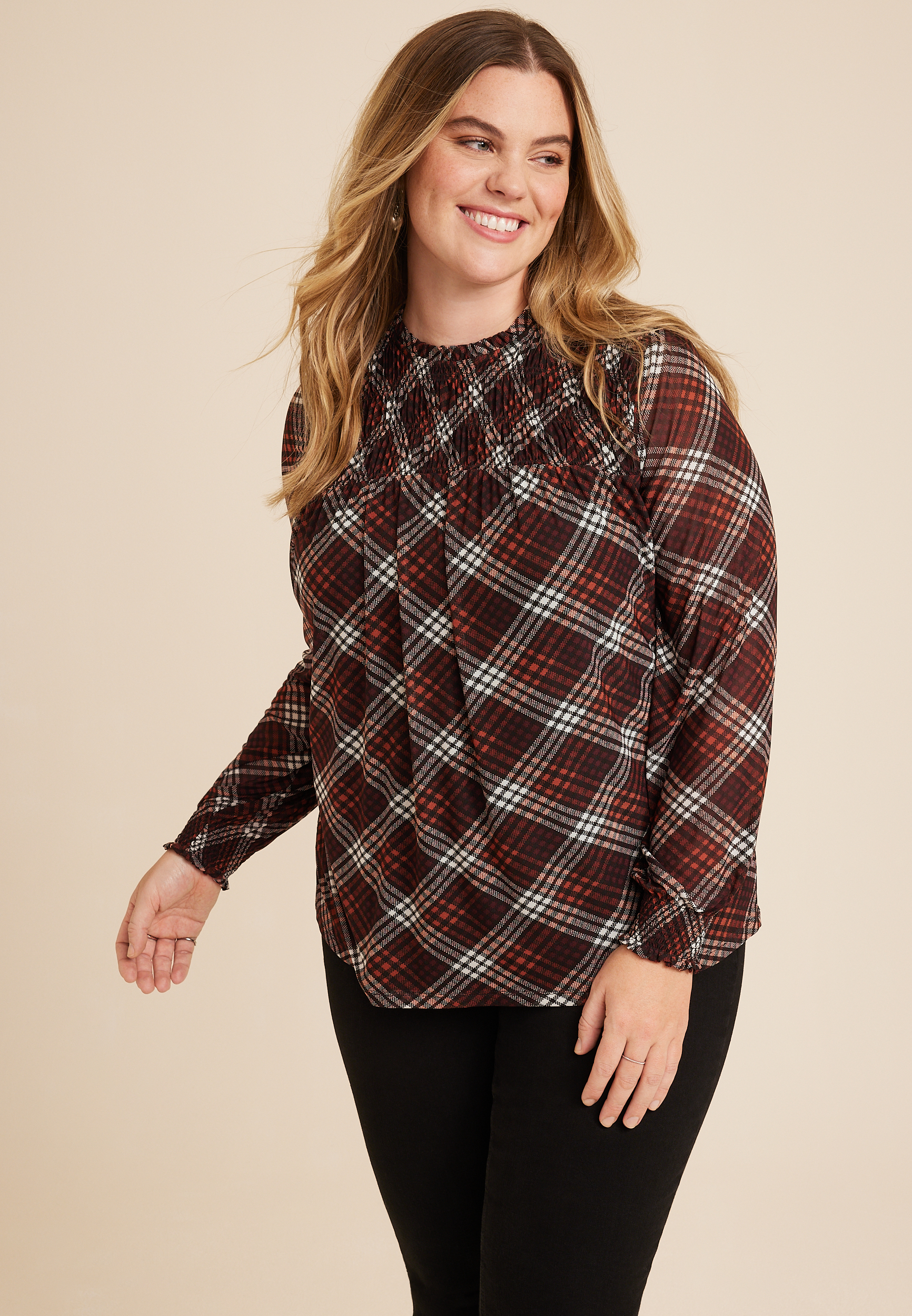 Plus Size Melody Mesh Plaid Top | maurices