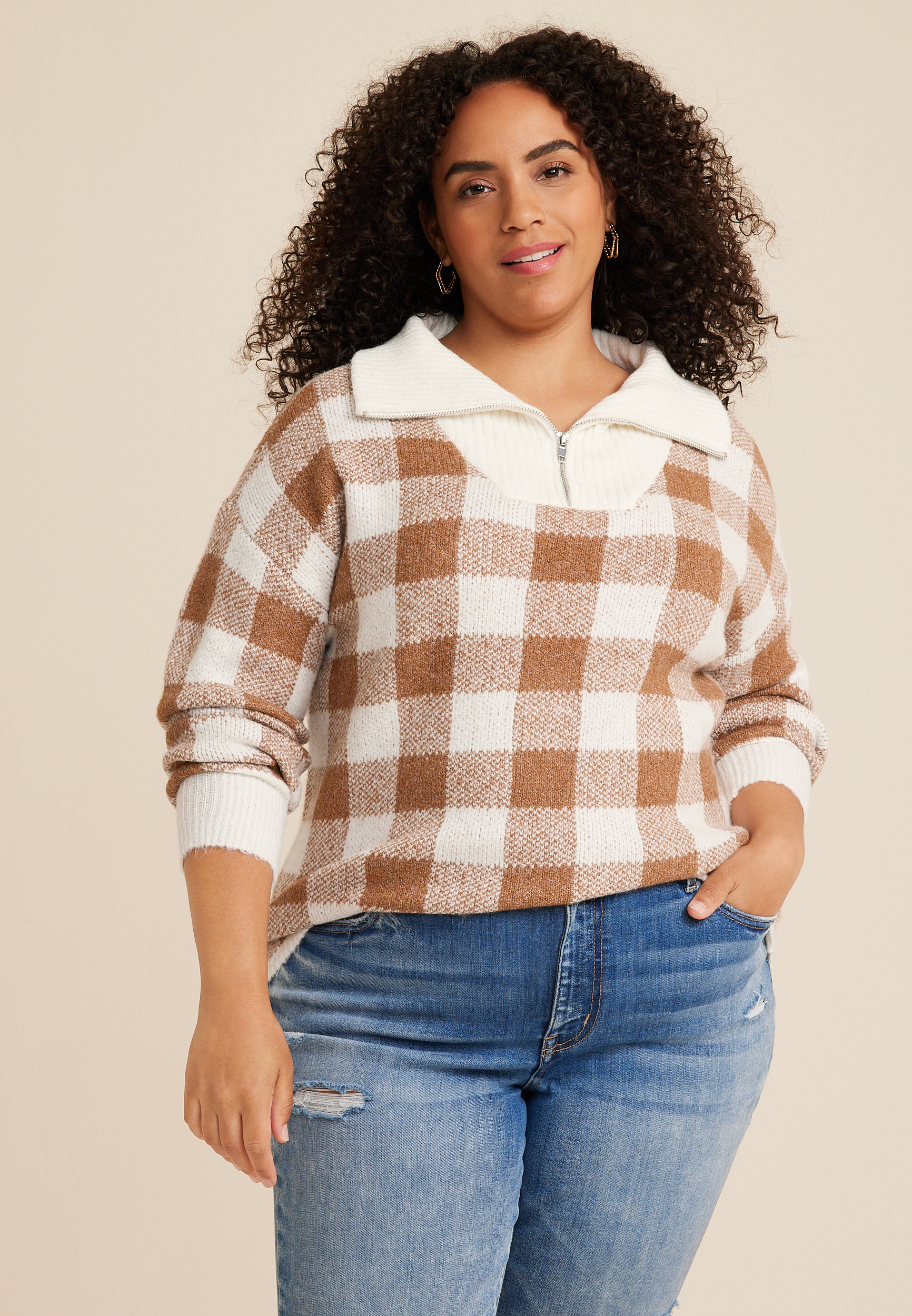 Plus Size Buffalo Plaid Quarter Zip Sweater Maurices