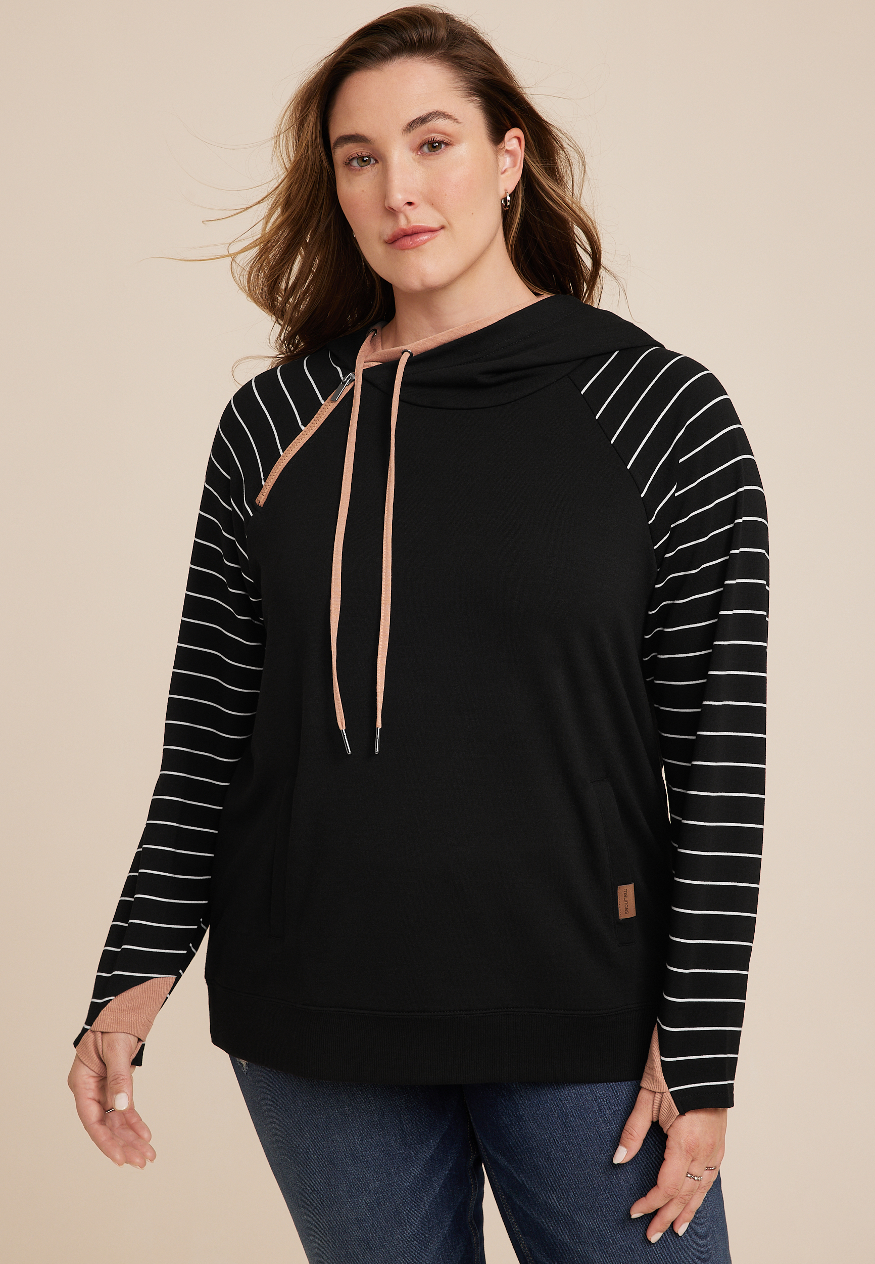 Plus Size Homeward Striped Sleeve Fleece Hoodie | maurices