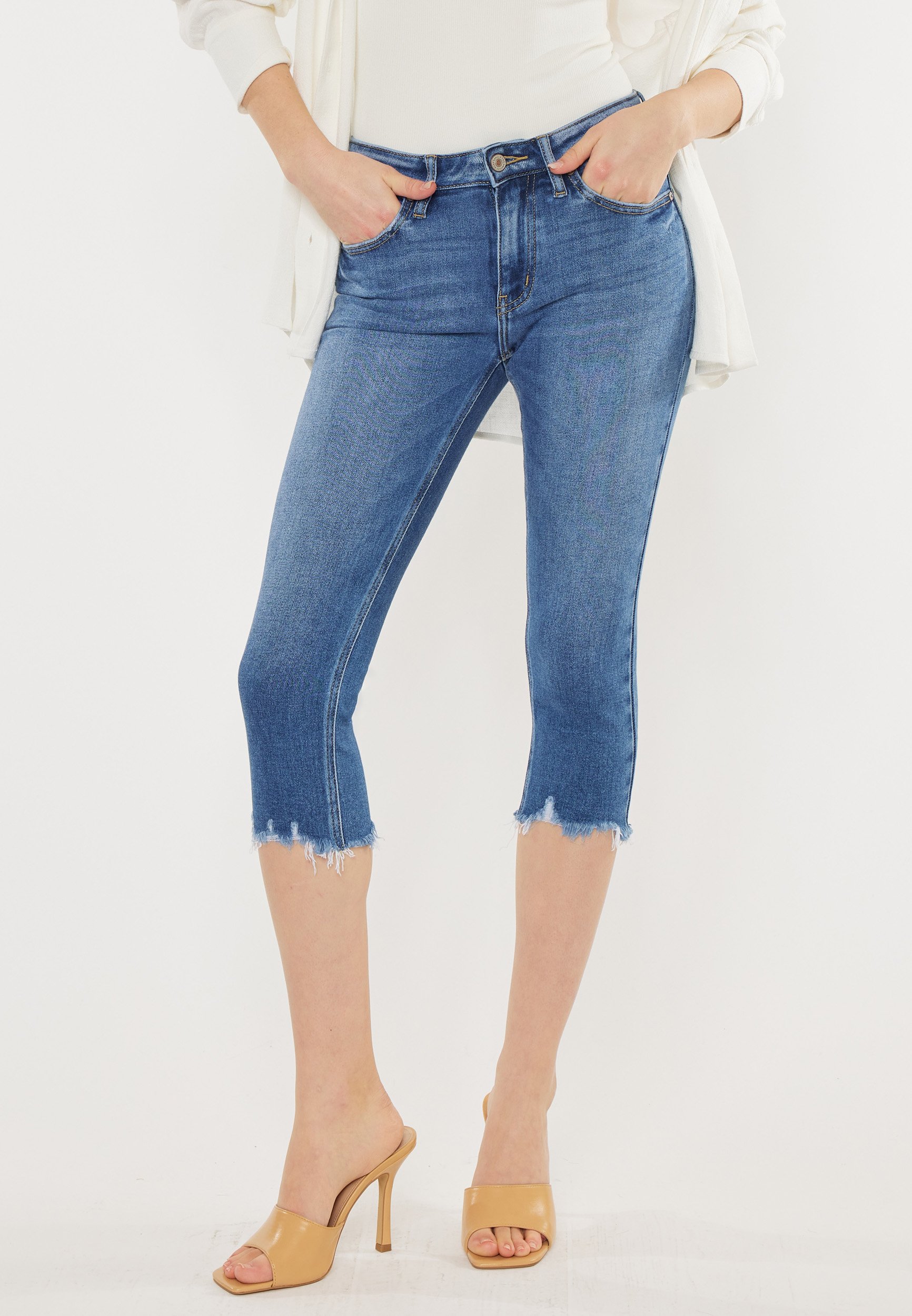 KanCan™ Mid Rise Ripped Hem Capri | maurices
