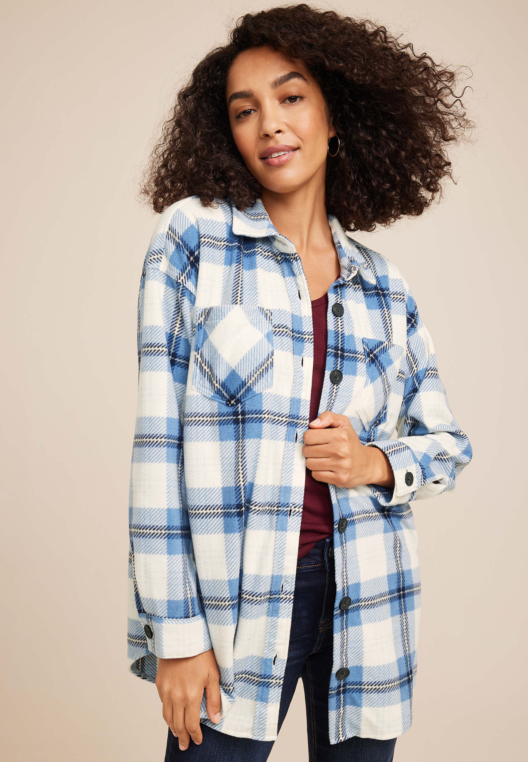Wilder Blue Plaid Fleece Shacket | maurices