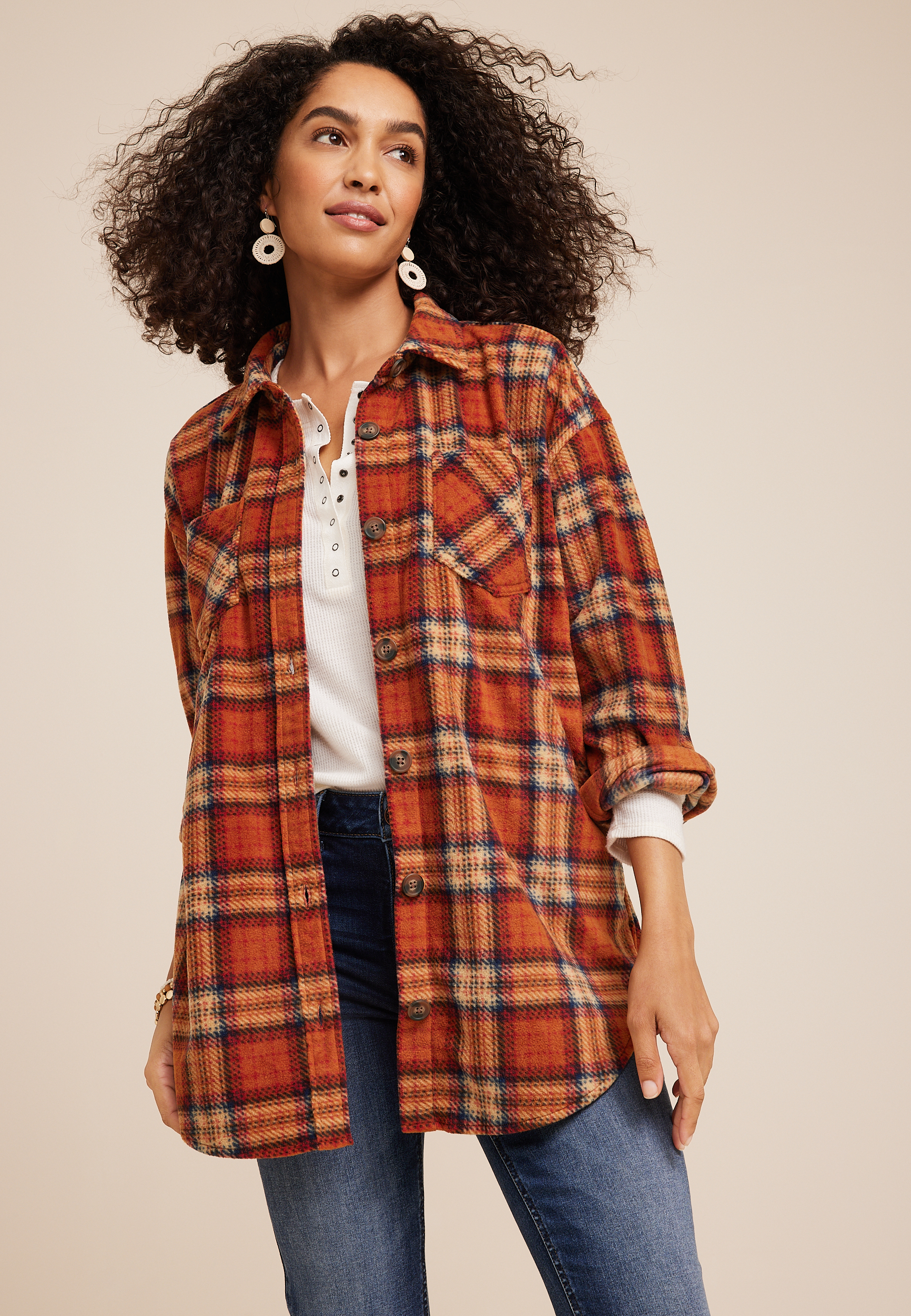 Wilder Orange Plaid Fleece Shacket | maurices