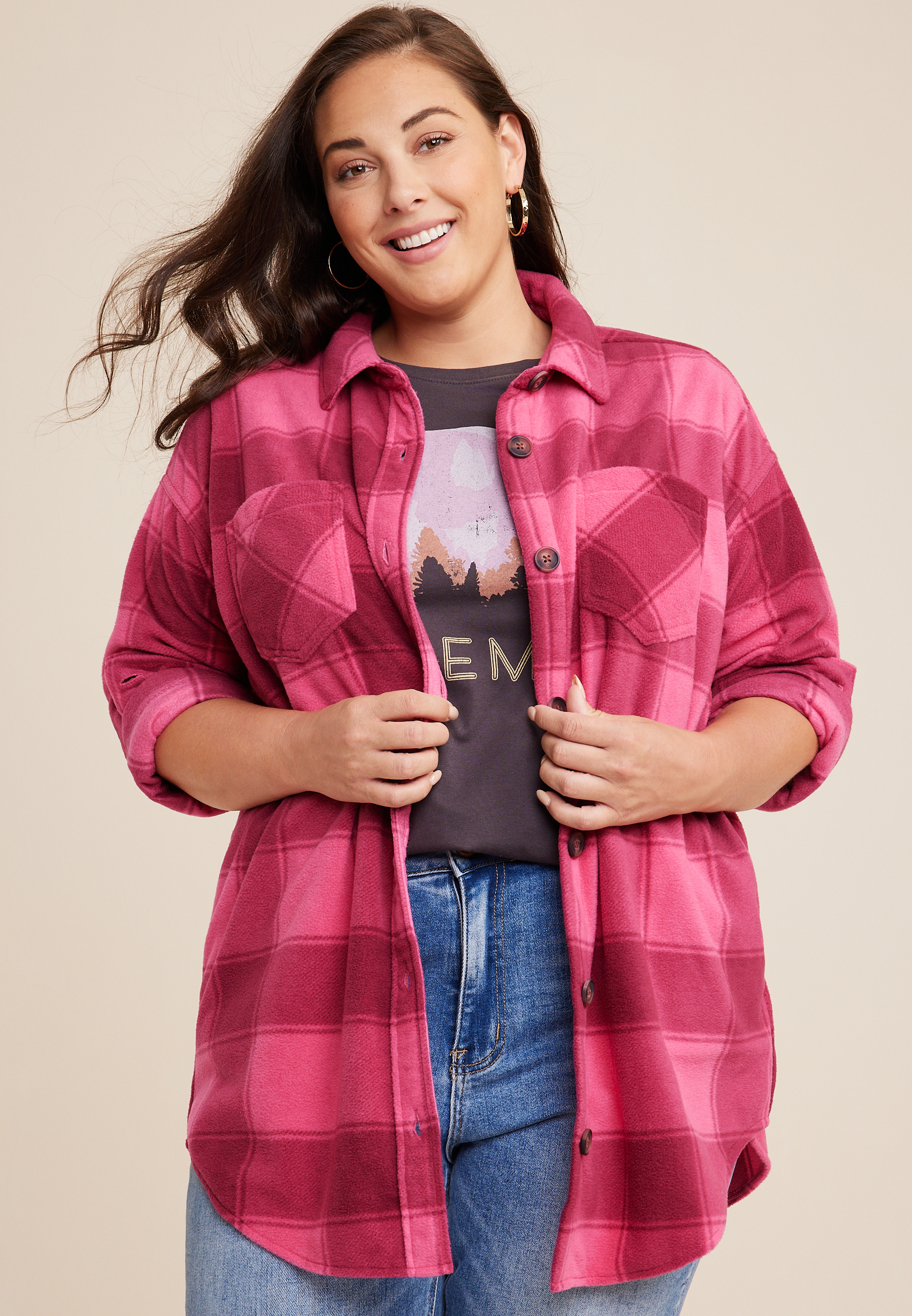 Plus Size Wilder Pink Checkered Fleece Shacket | maurices