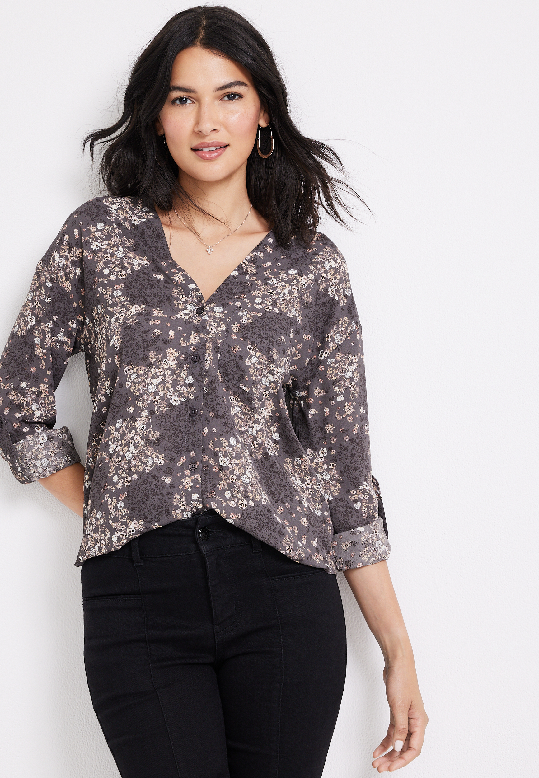 Floral Button Down V Neck Blouse | maurices