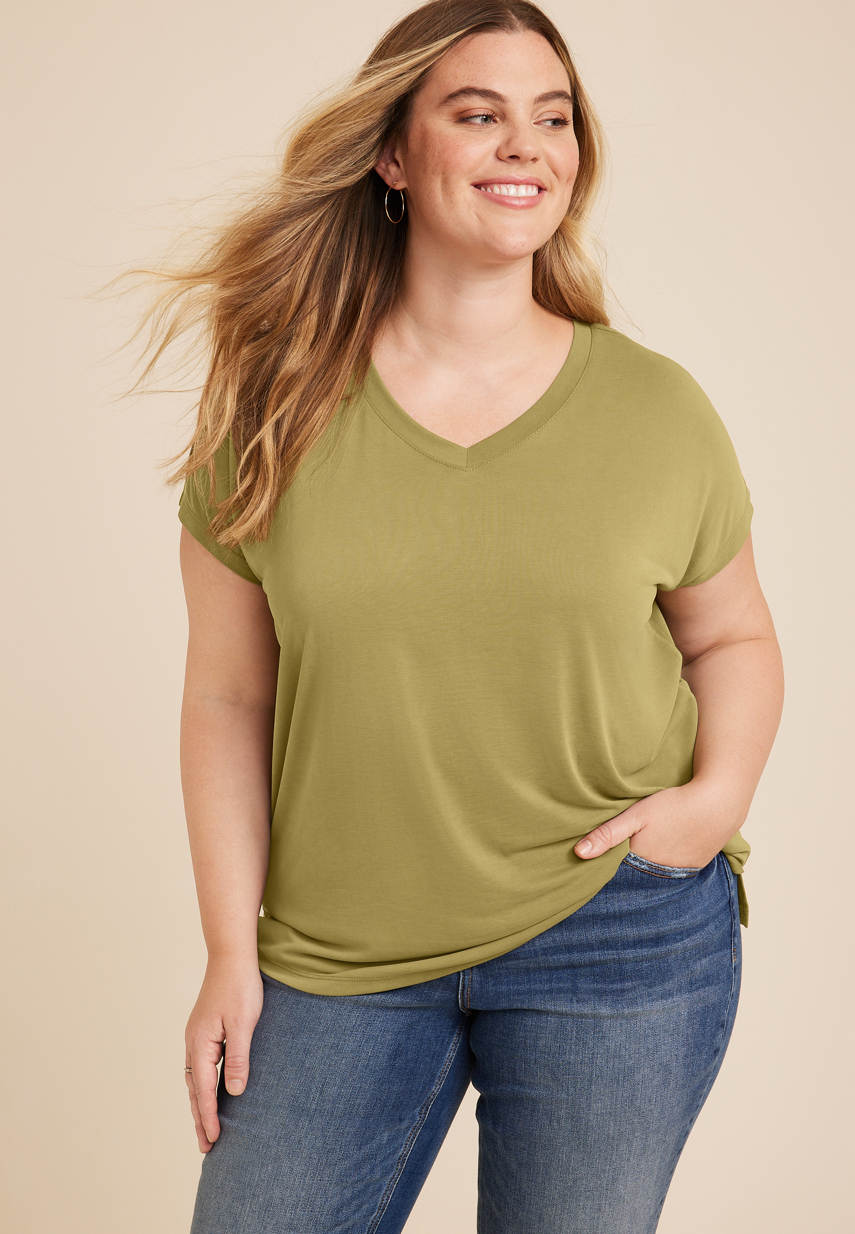 Plus Size Edgely™ Solid V Neck Tee Maurices