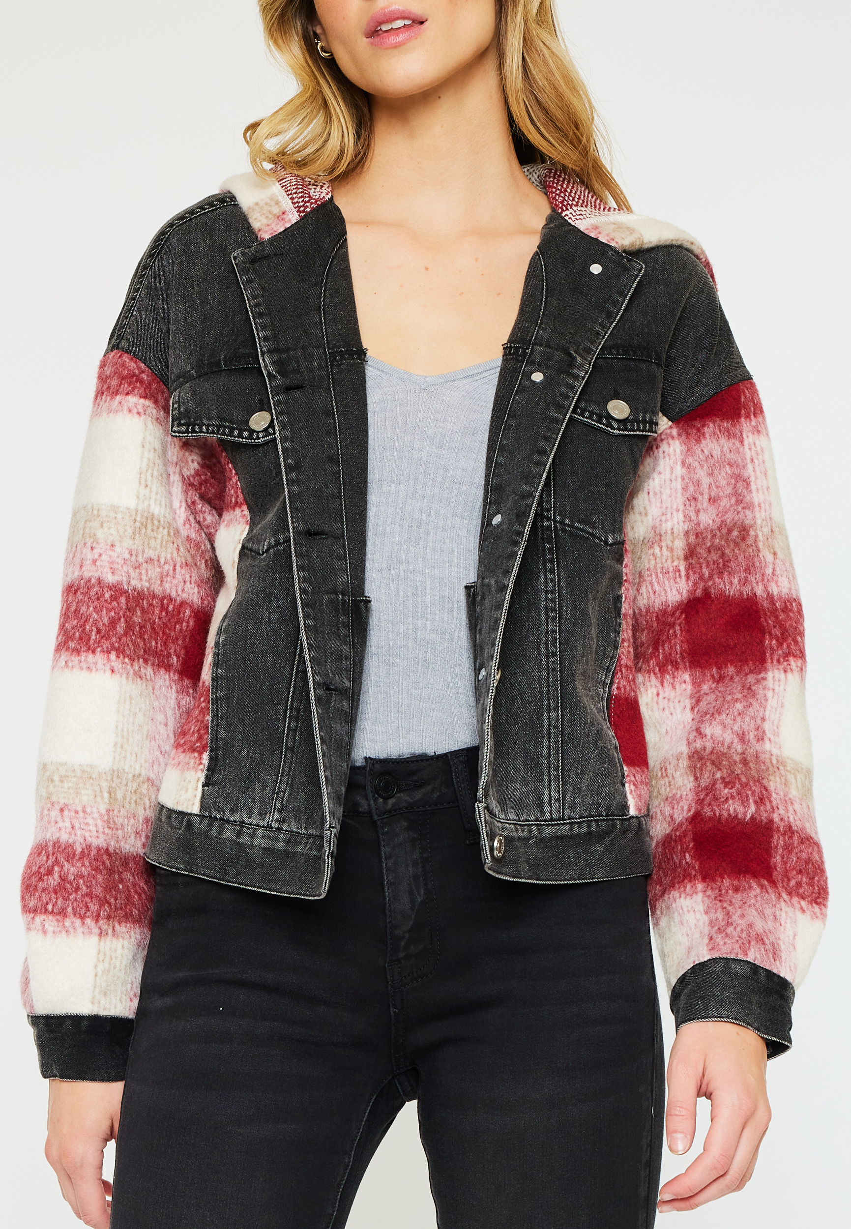 KanCan™ Red Plaid Denim Jacket | maurices