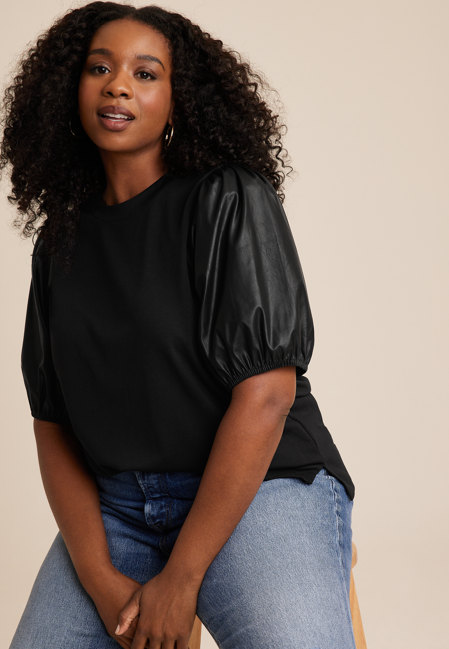 Plus Size Mixed Media Faux Leather Puff Sleeve Blouse | maurices