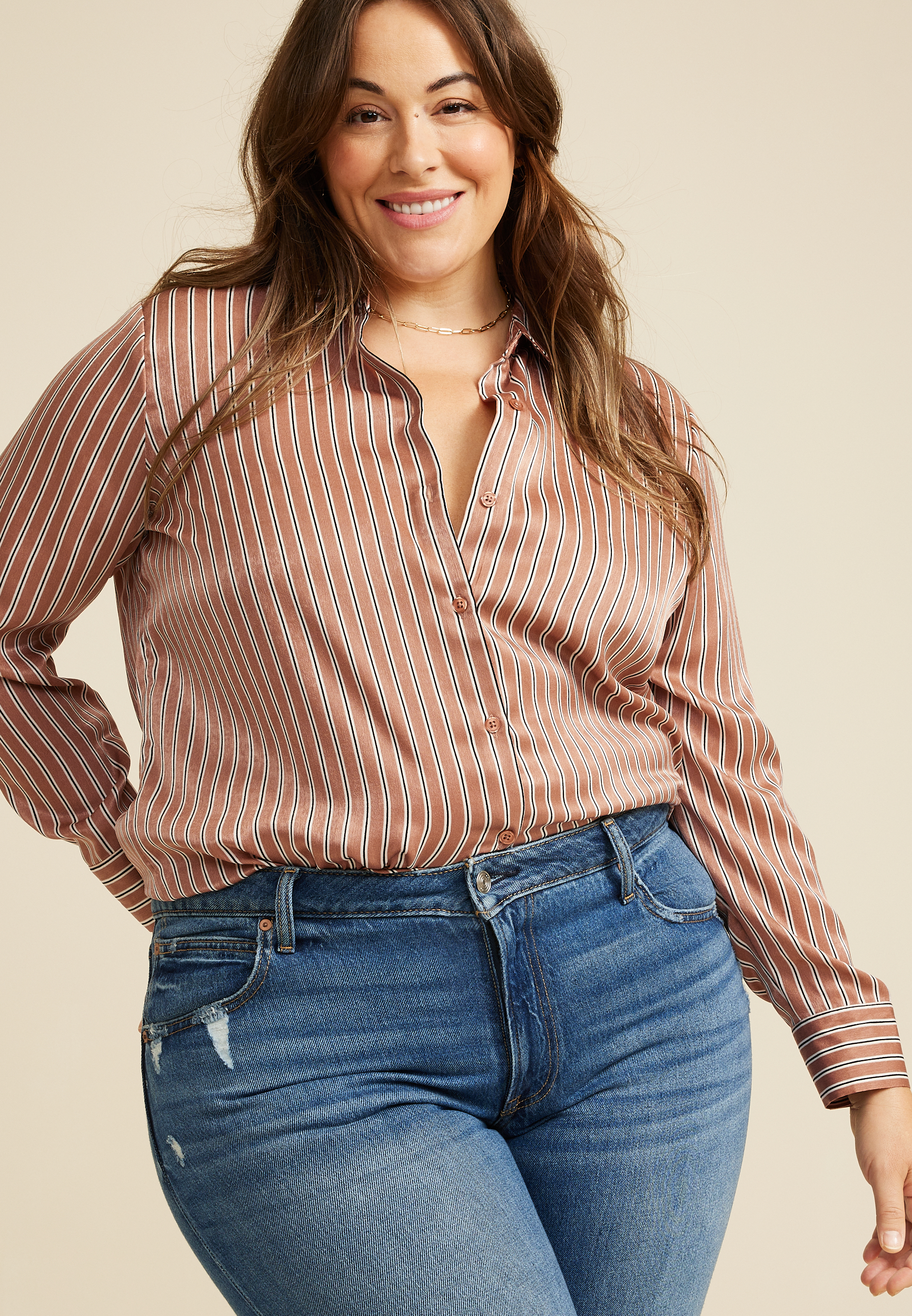 Plus Size Winona Striped Satin Button Down Blouse | maurices