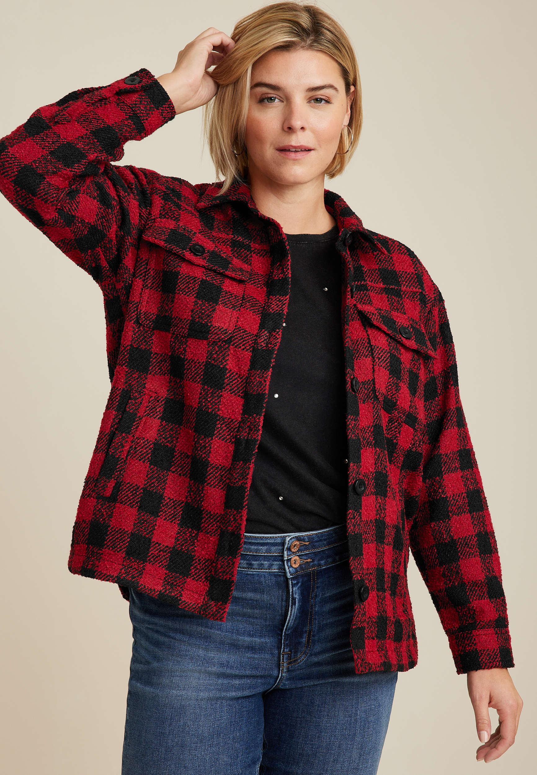 Plus Size Red Buffalo Plaid Short Shacket | maurices