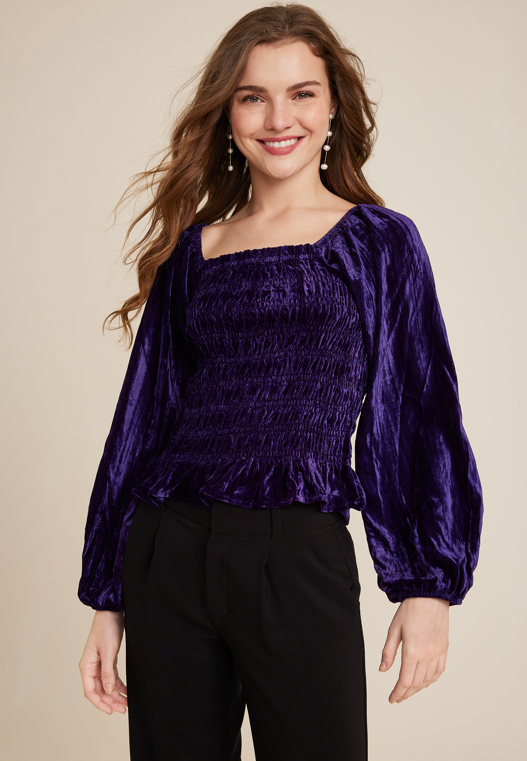 Velvet Smocked Blouson Sleeve Top | maurices