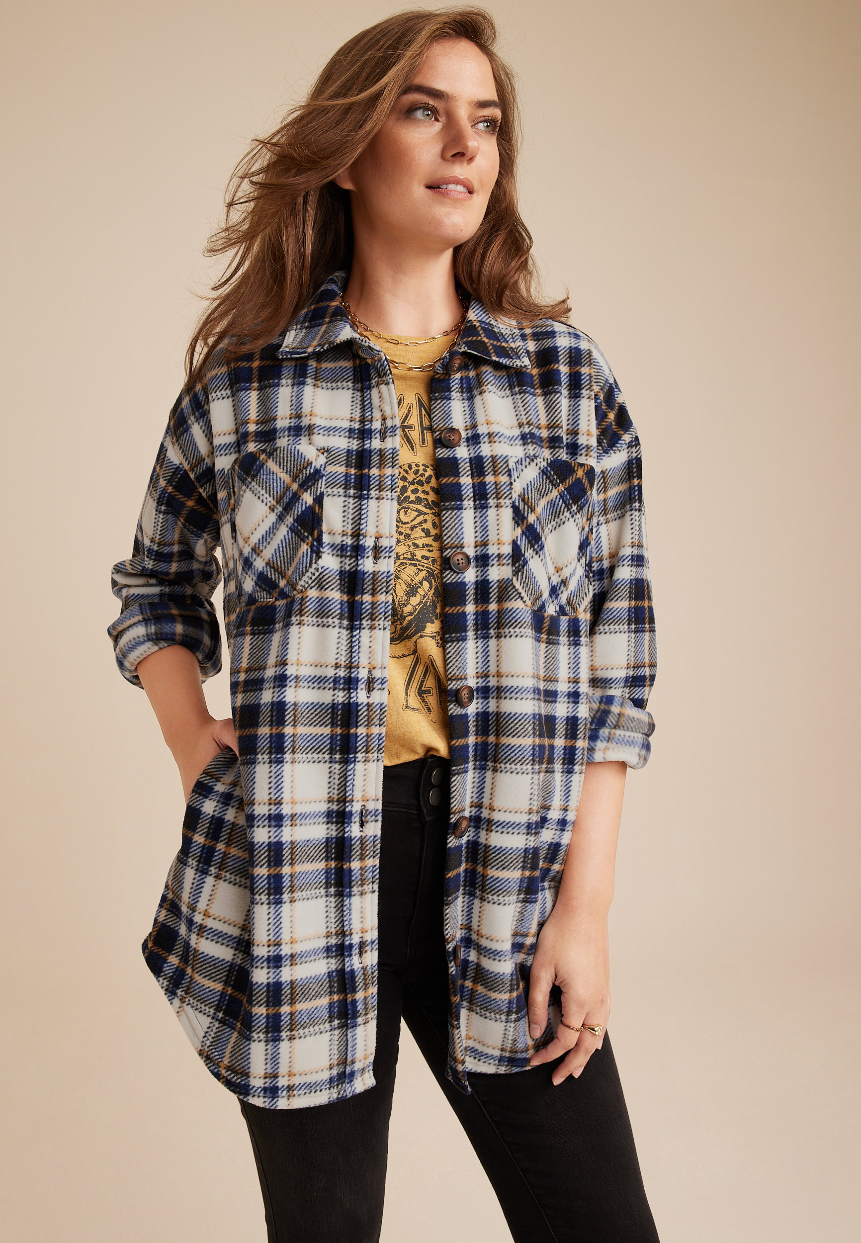 Wilder Blue Plaid Fleece Shacket | maurices