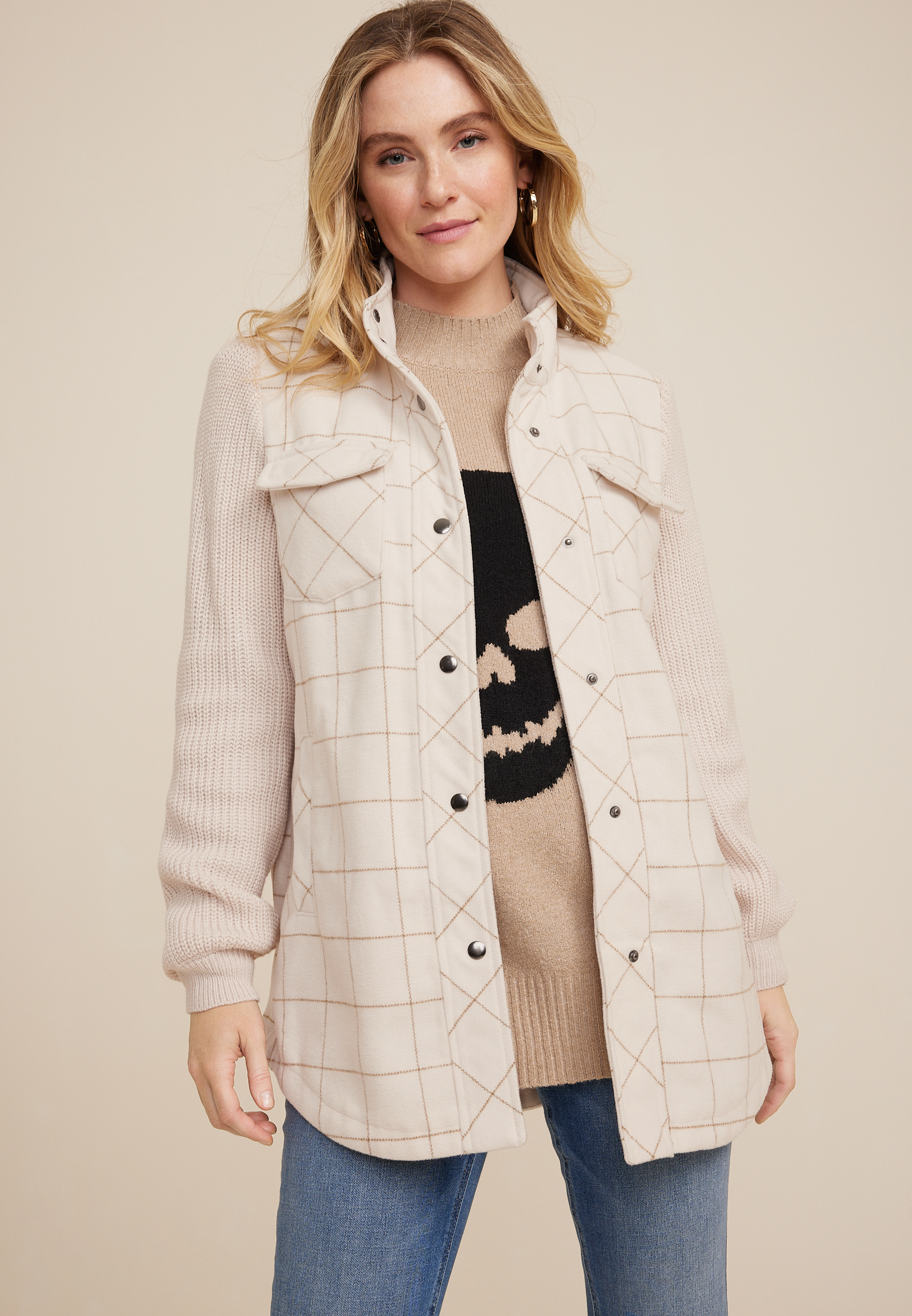 Mixed Media Knit Sleeve Shacket | maurices