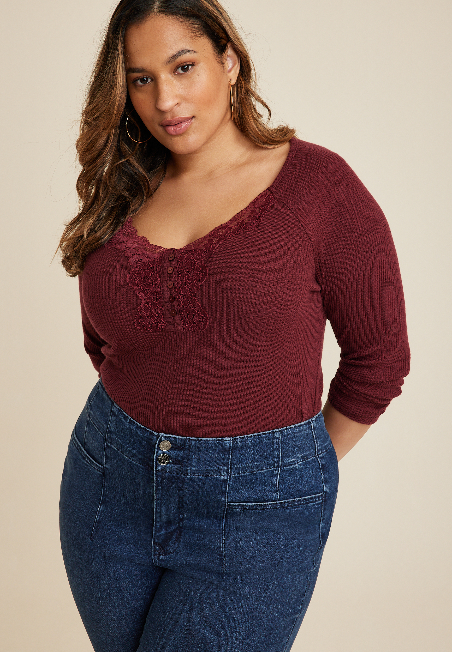 Plus Size Heartland Lace Trim Henley Tee | maurices