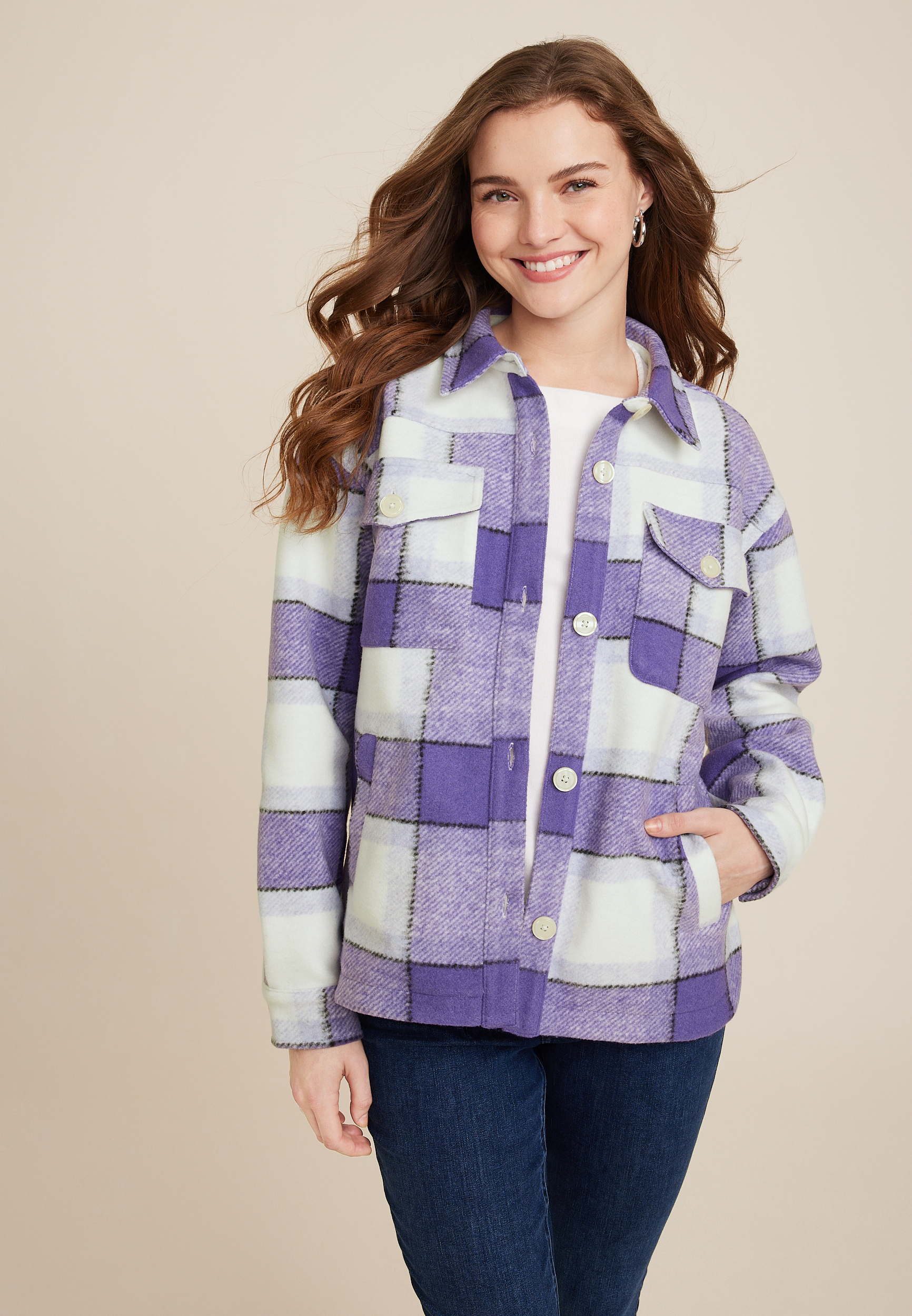 Shoreline Purple Plaid Shortie Shacket | maurices