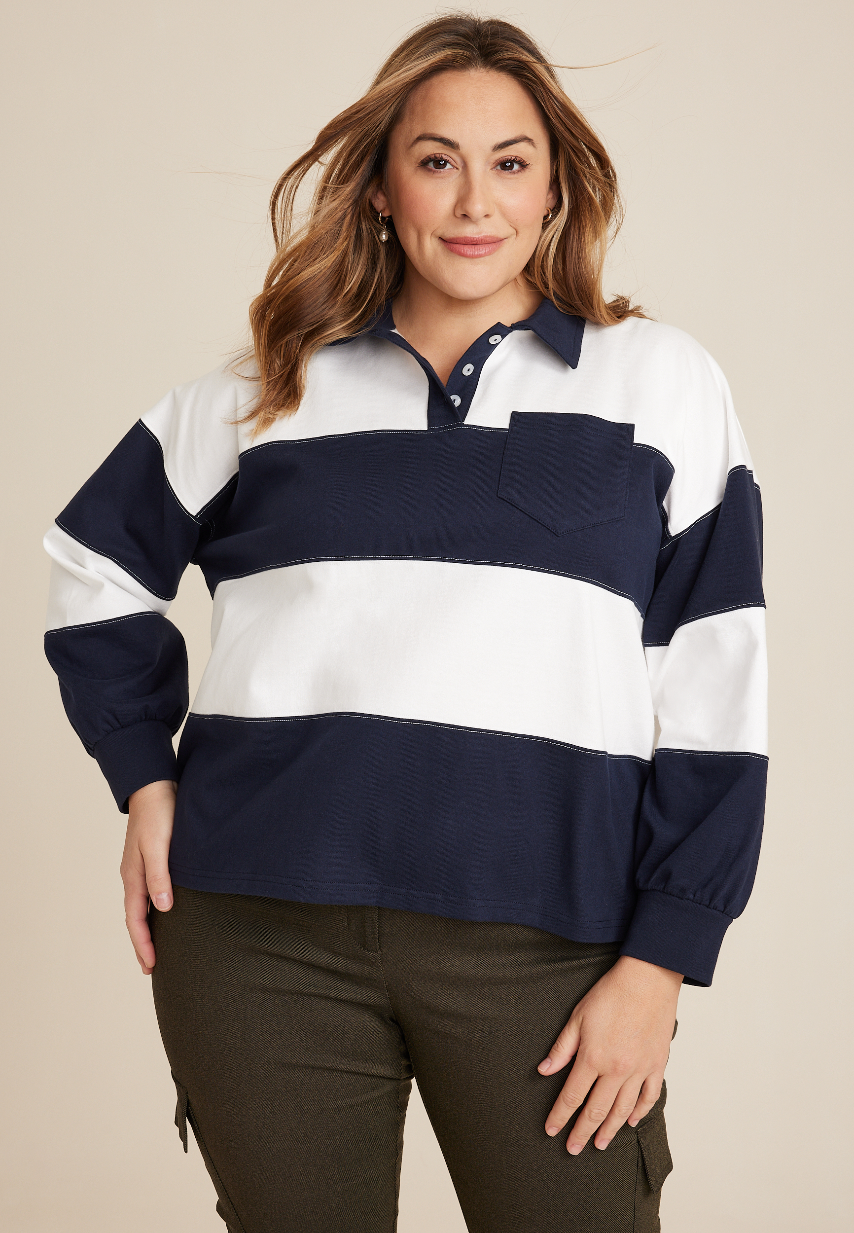 Plus Size Collared Rugby Striped Henley Tee | maurices
