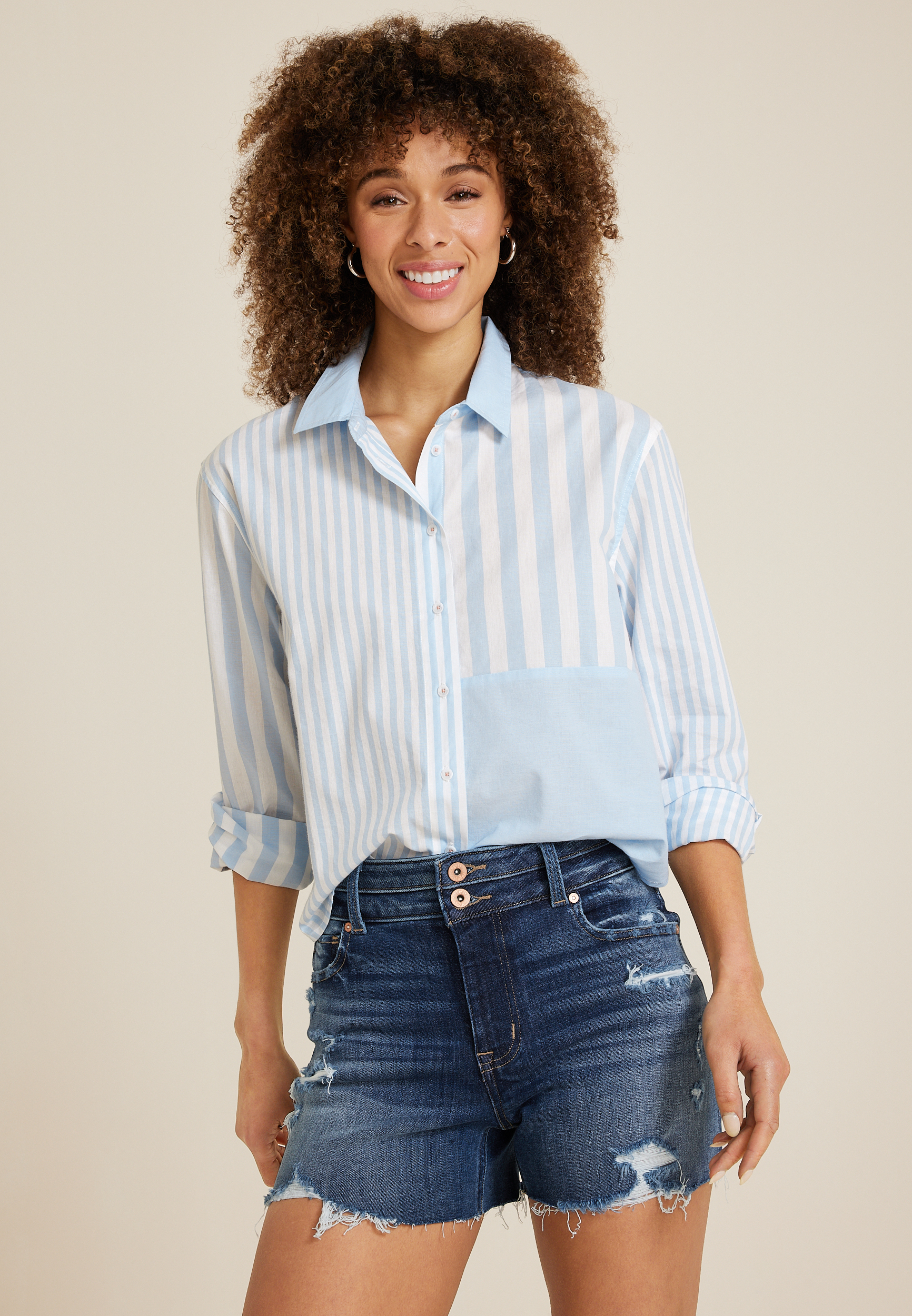 90s Prep Colorblock Cropped Button Up Shirt | maurices