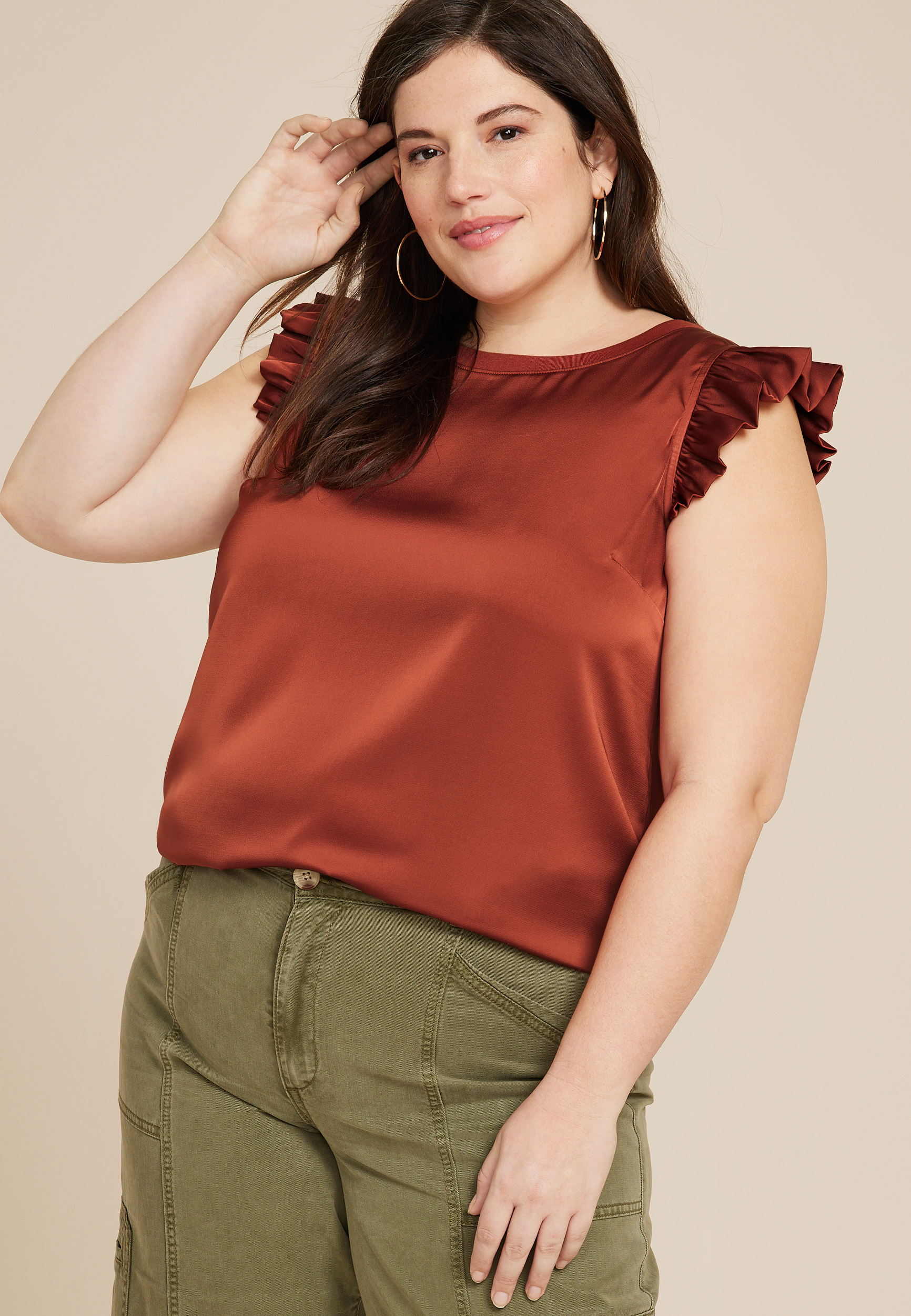 Plus Size Satin Ruffle Sleeve Tank Top | maurices