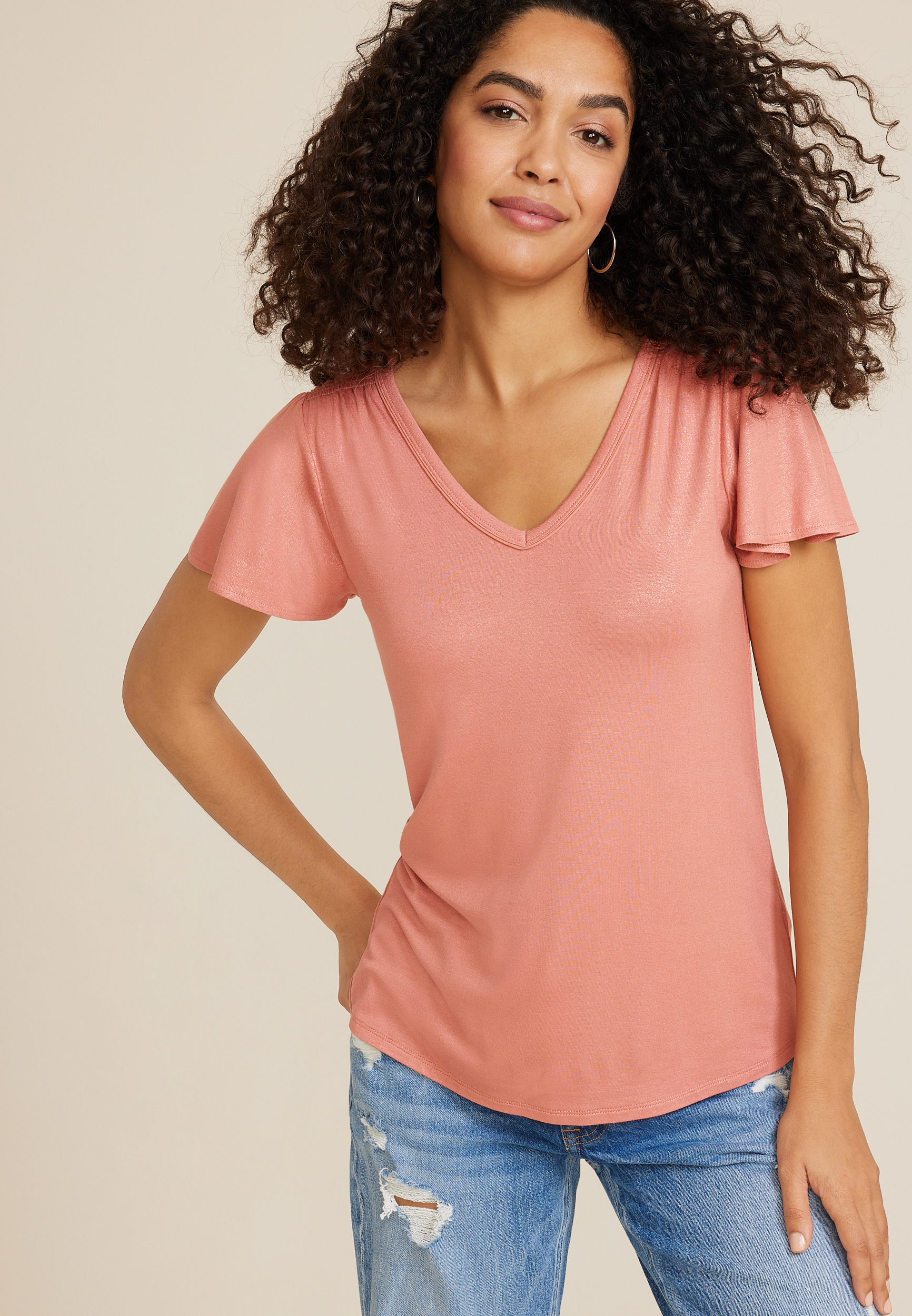 24/7 Waverly Shimmer Flutter Sleeve Tee | maurices