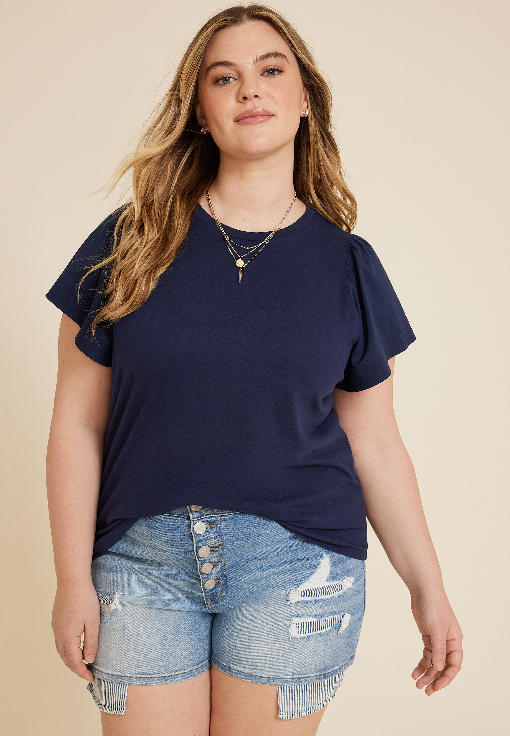 Plus Size Woven Flutter Sleeve Tee | maurices