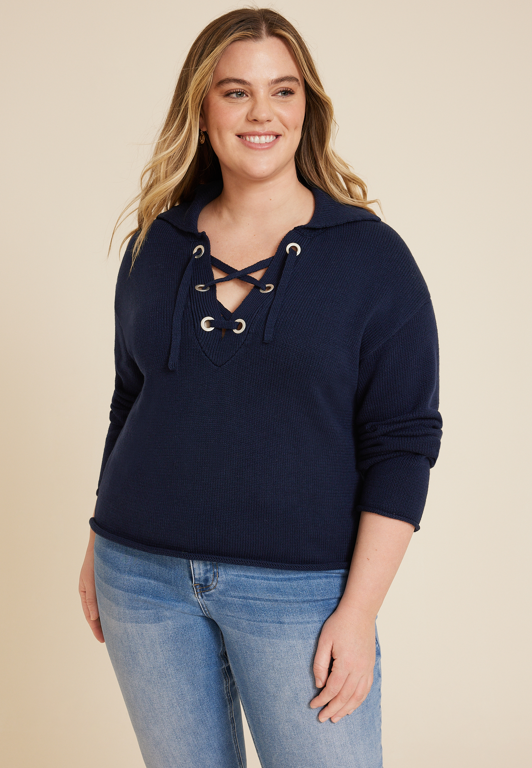 Plus Size Lace Up Collared Sweater | maurices