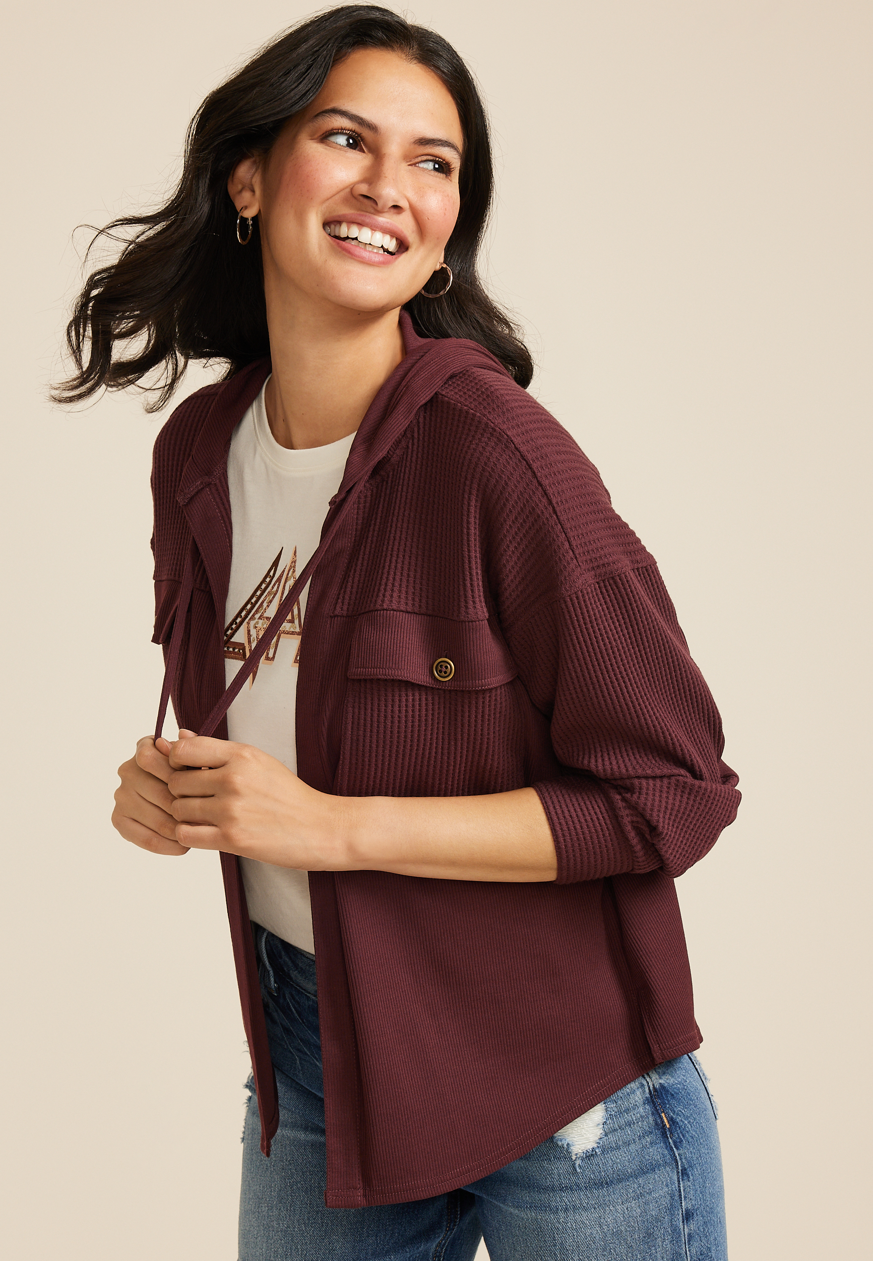 Waffle Knit Hooded Shacket | maurices