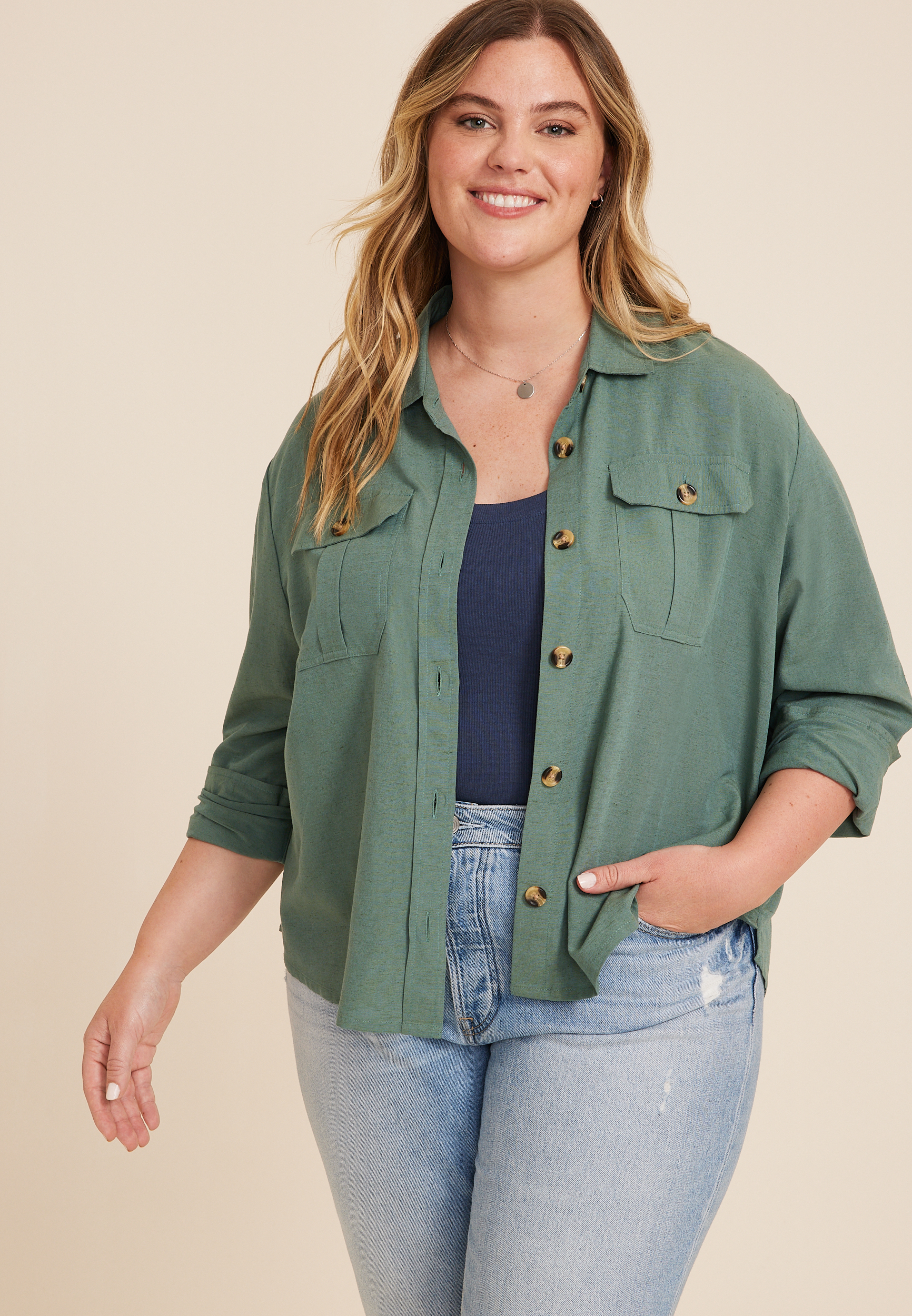 Plus Size Utility Long Sleeve Button Up Shirt | maurices