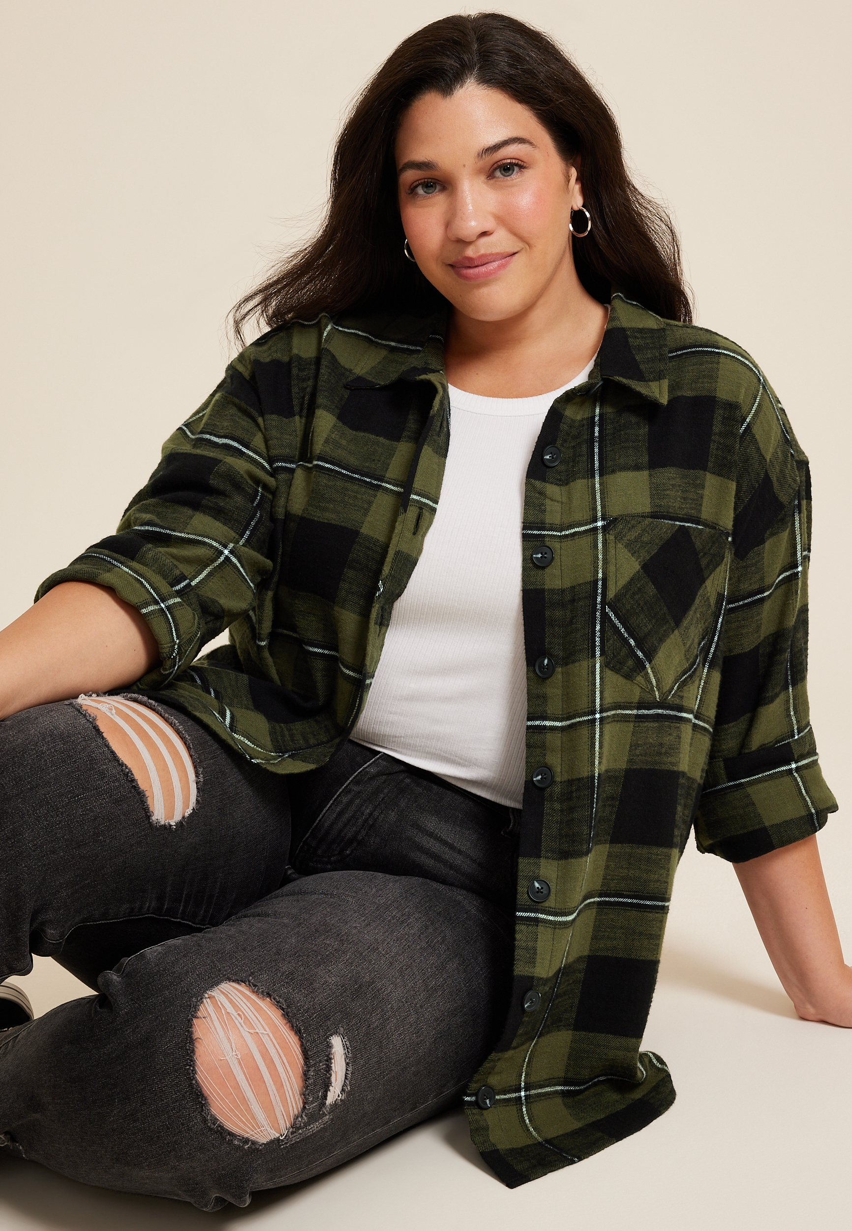 Plus Size Plaid Stay Magical Graphic Back Oversized Button Down Shirt ...
