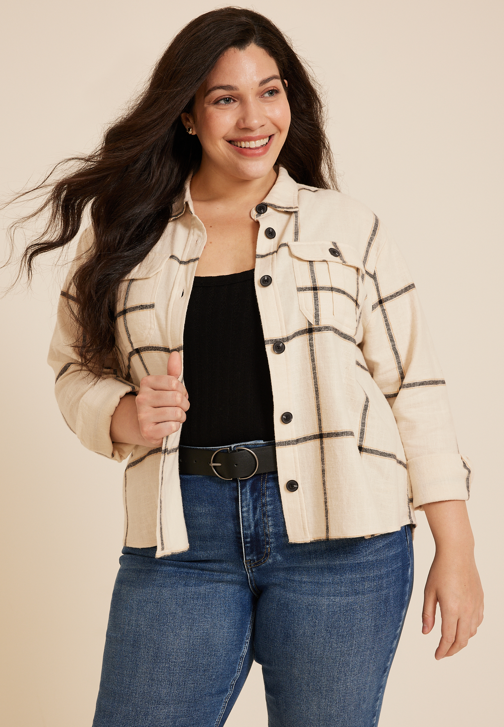 Plus Size Utility Windowpane Button Up Shirt | maurices