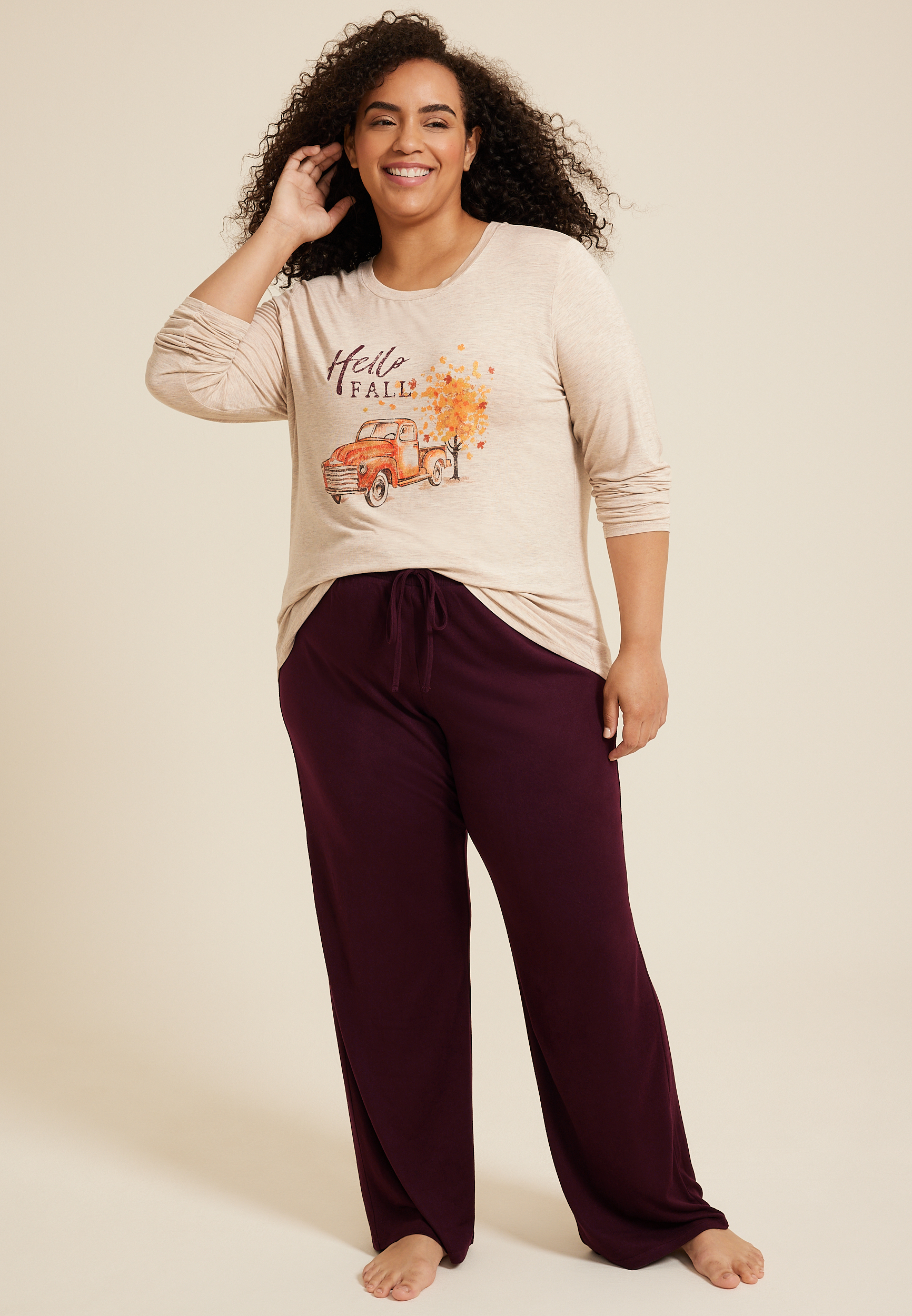 Plus Size Hello Fall Cozy Graphic Tee And Wide Leg Pajama Set | maurices
