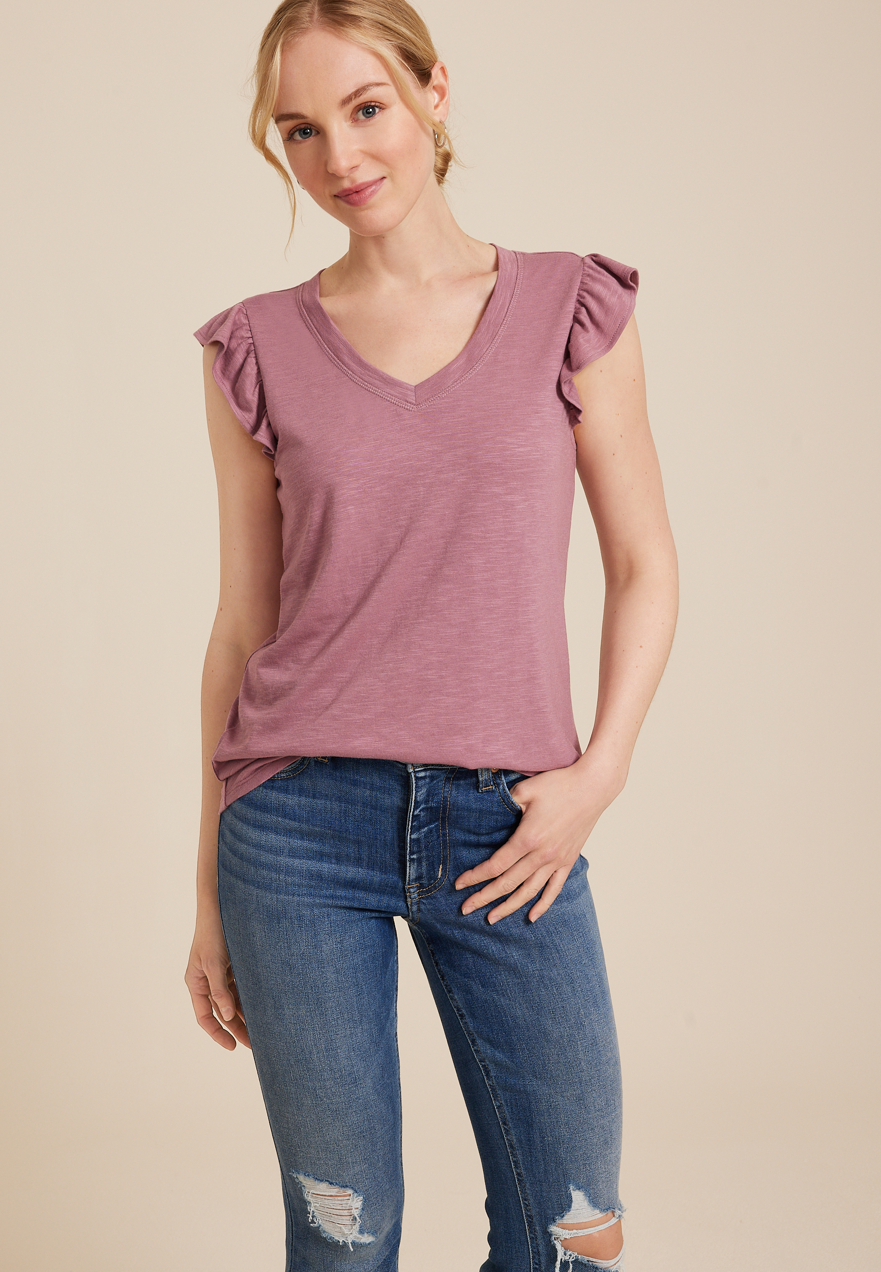 Brookside V Neck Ruffle Sleeve Tee | maurices