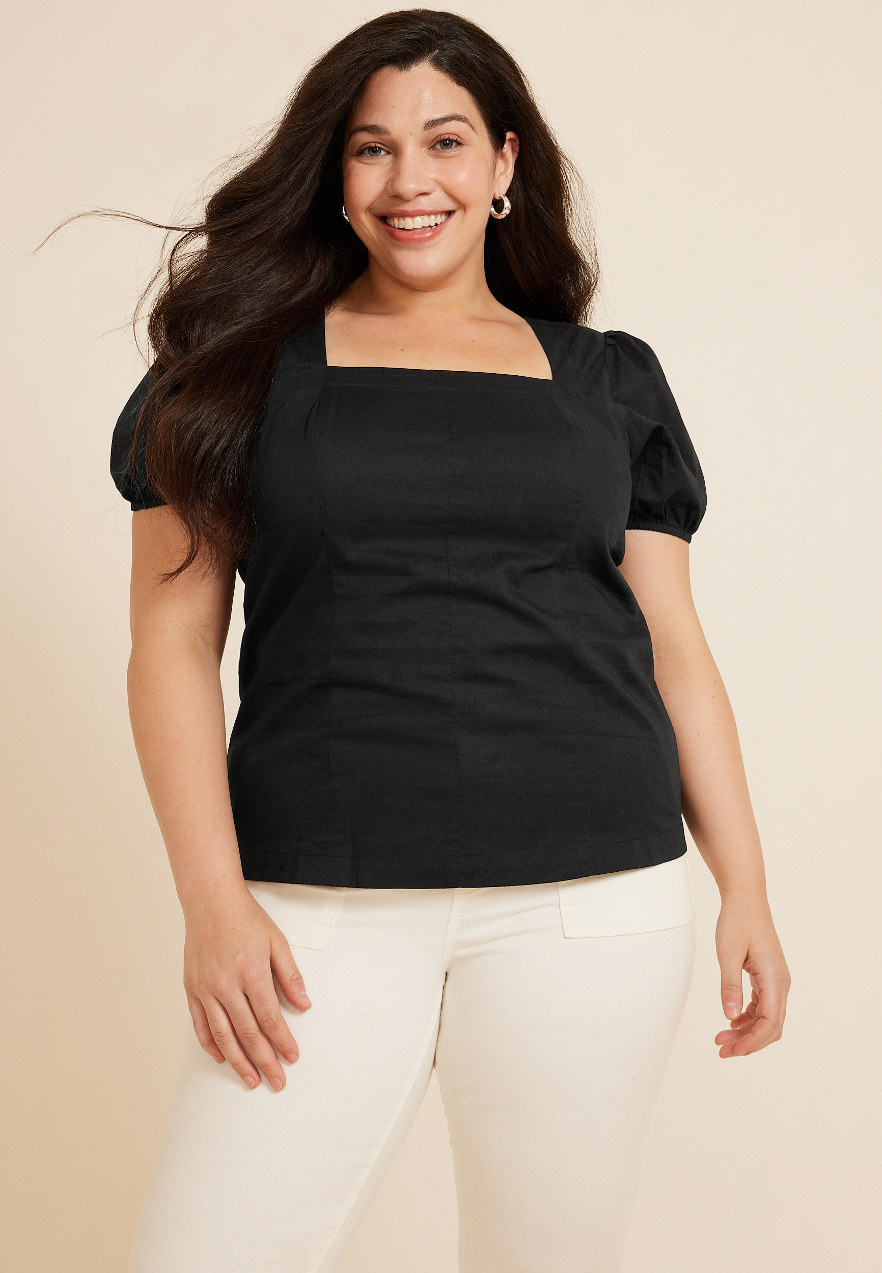 Plus Size Black Puff Sleeve Corset Blouse | maurices