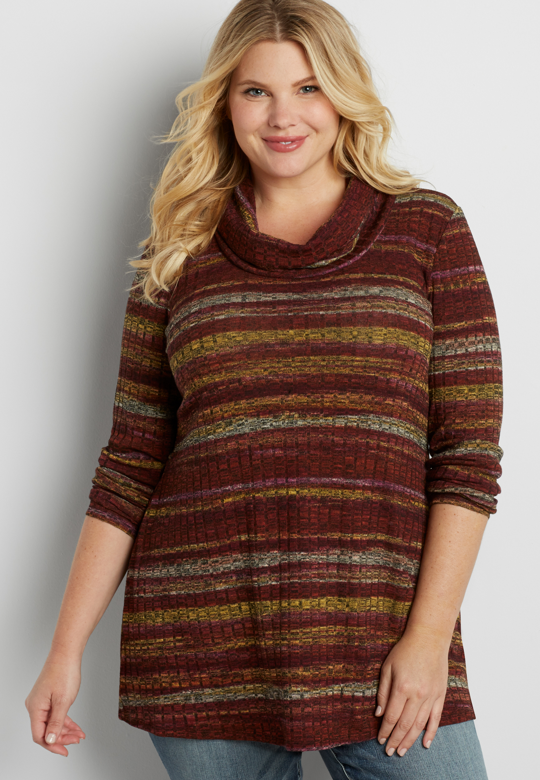 plus size wide ribbed cowl neck pullover with stripes and peek-a-boo back | maurices