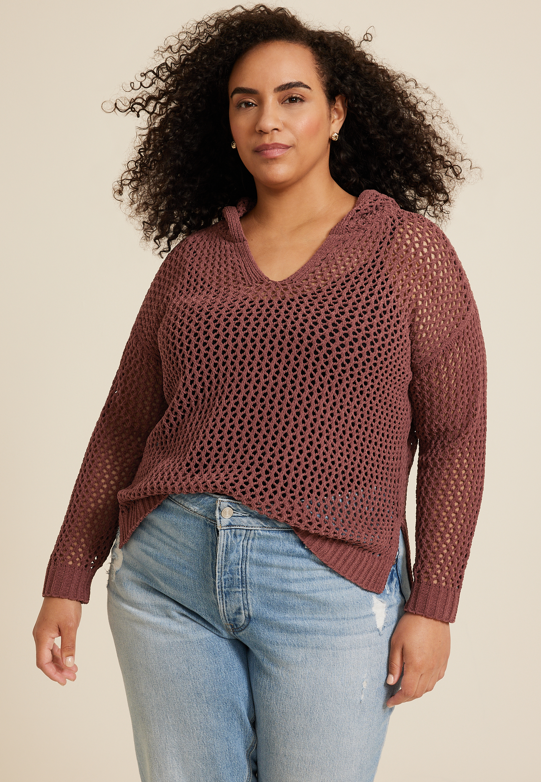 HFS Plus Size Open Stitch Hooded Pullover | maurices