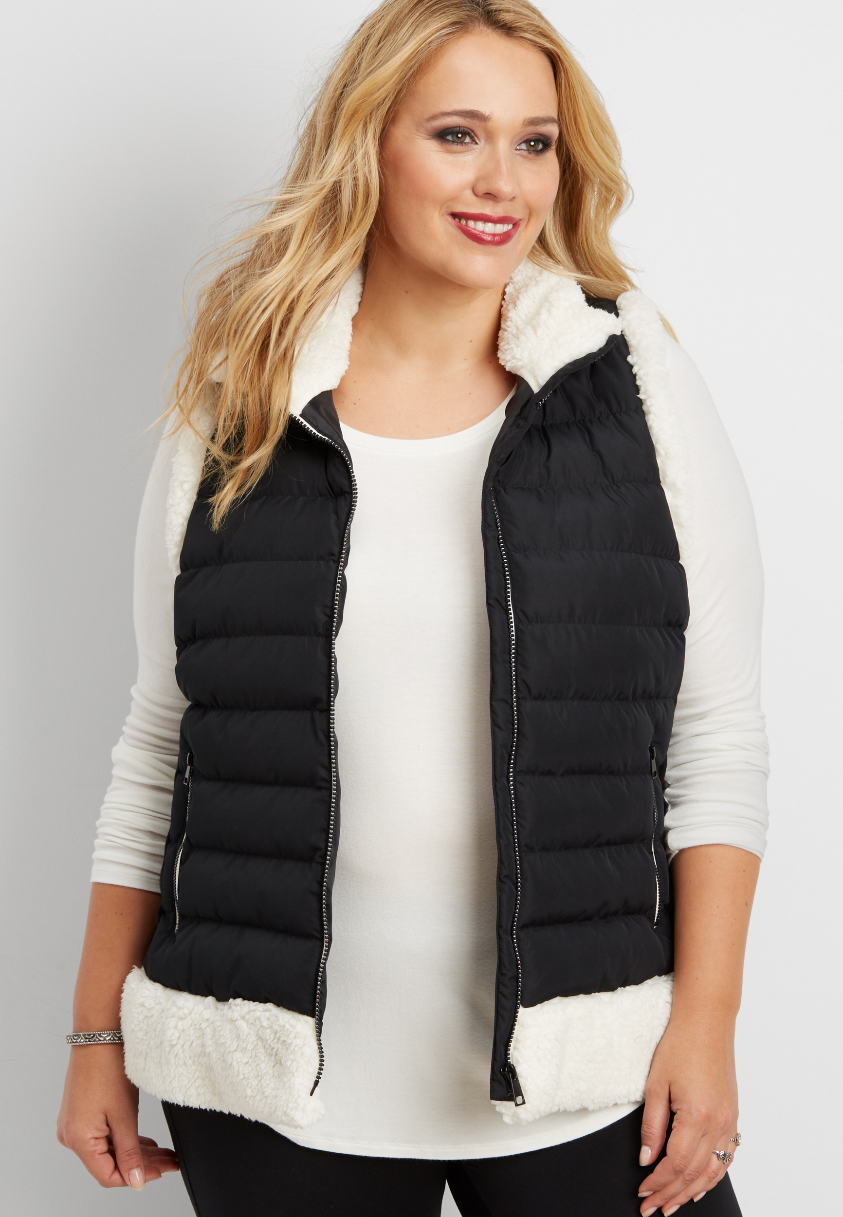 plus size puffer vest with faux sherpa trim | maurices