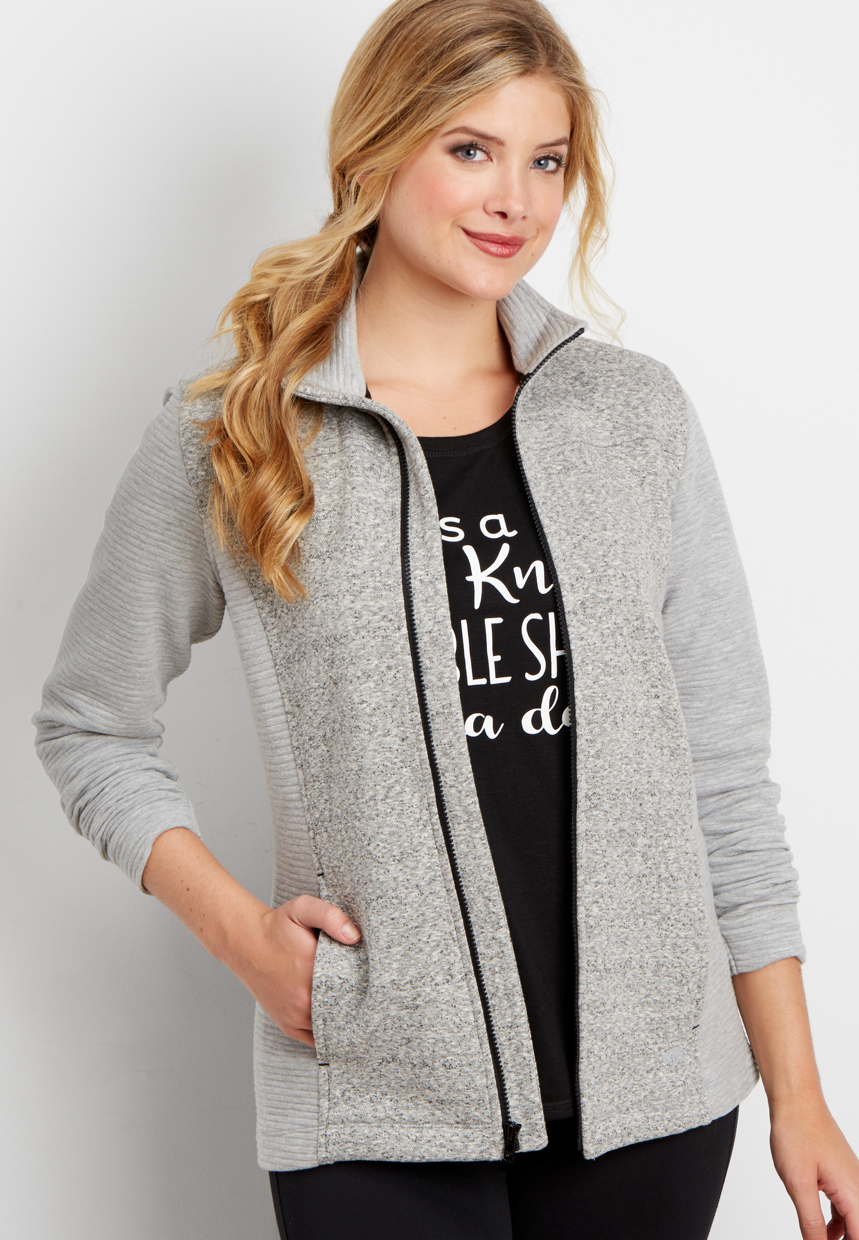 quilted and marled knit zip up jacket | maurices