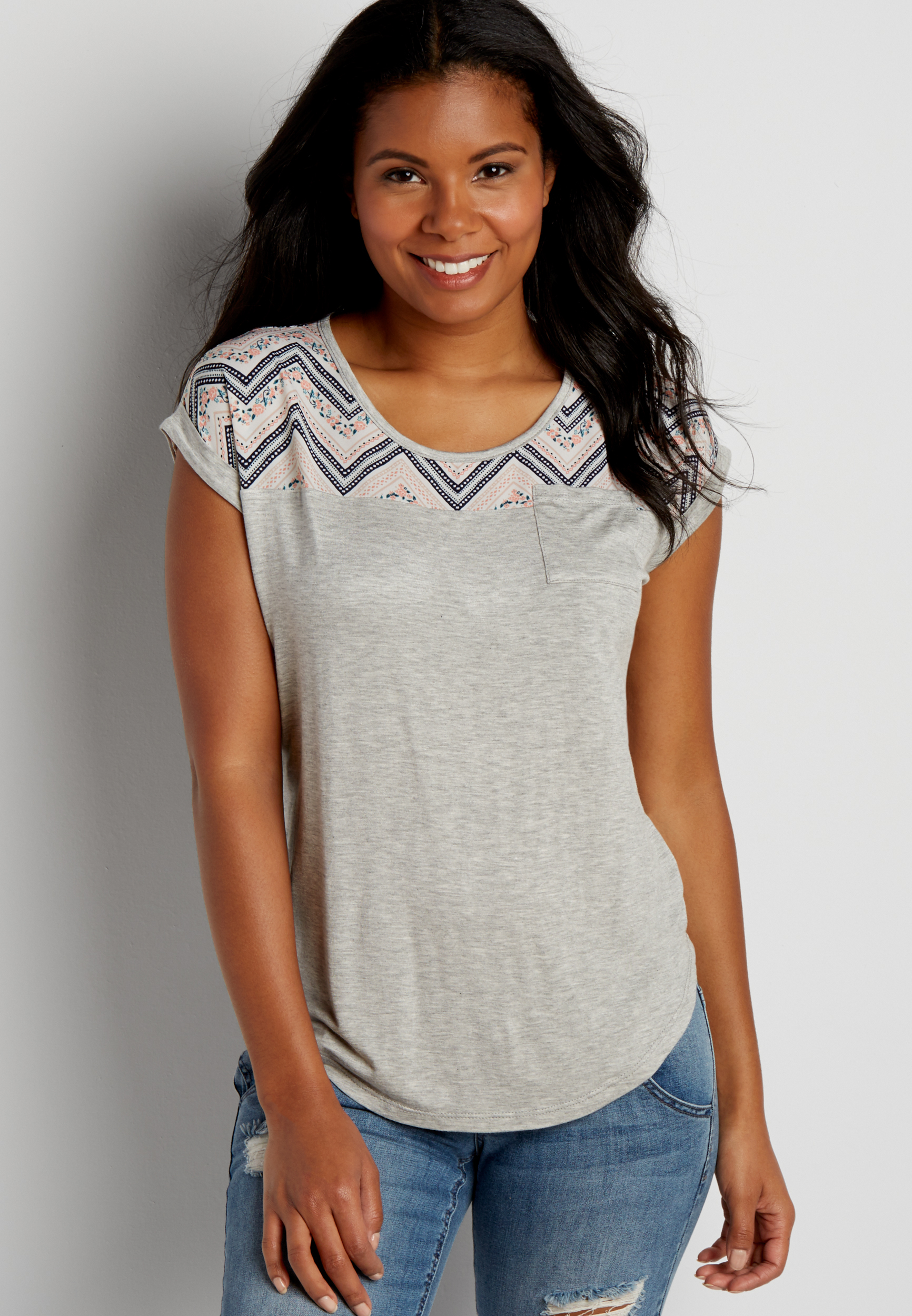 tee with chevron floral print chiffon shoulders | maurices