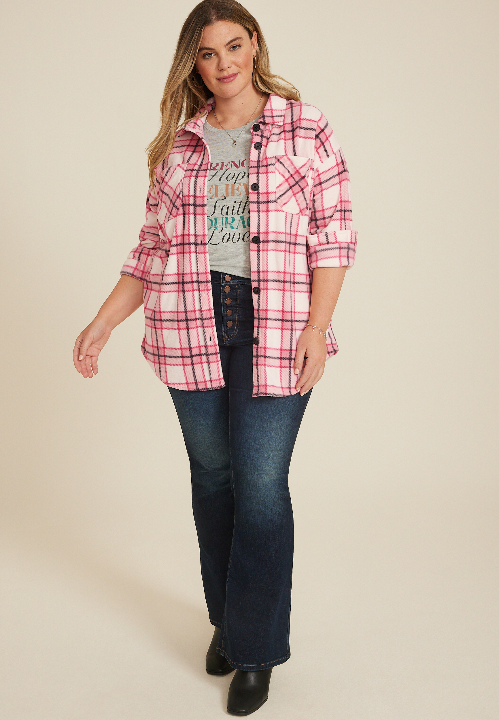 Plus Size Pink Wilder Plaid Fleece Shacket | maurices