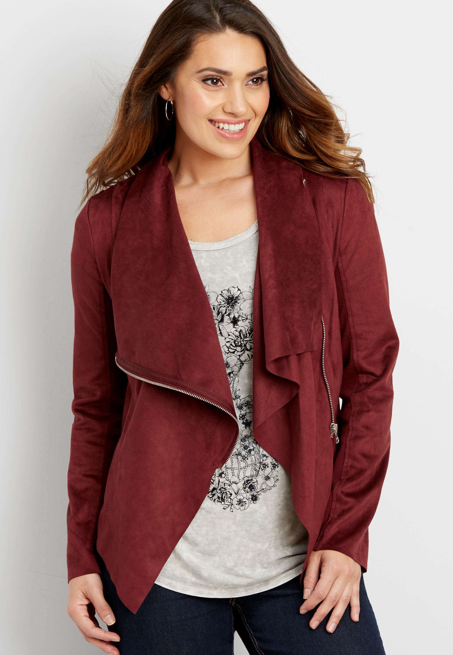 Vigoss® faux suede asymmetrical jacket with whip stitched shoulders | maurices