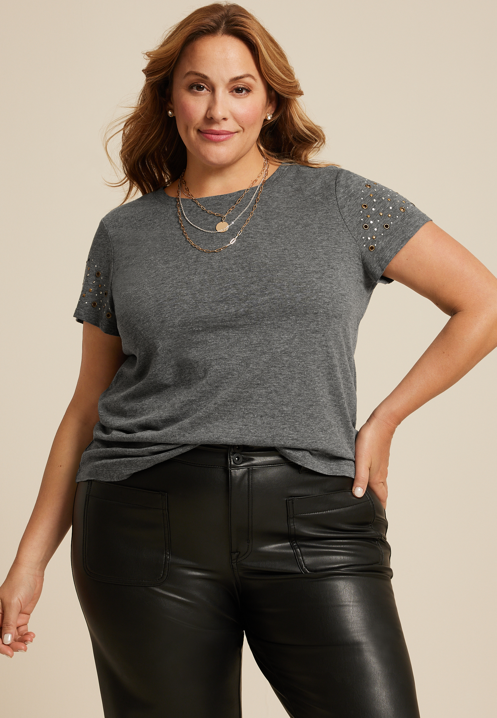 Plus Size Embellished Short Sleeve Crew Neck Tee | maurices