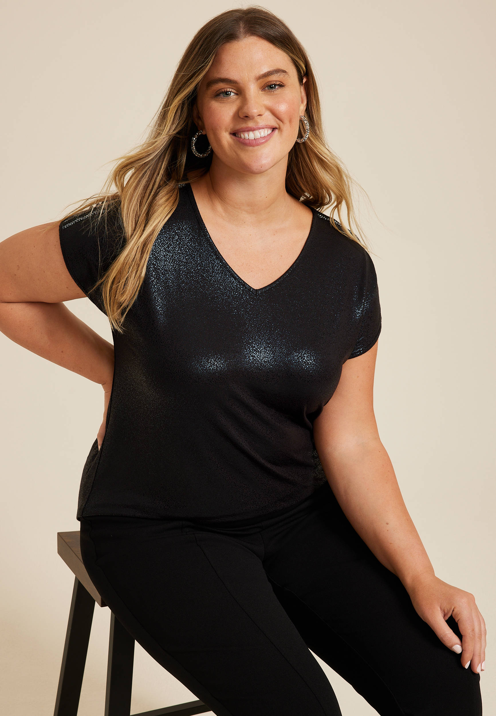 Plus Size Shimmer V Neck Tee | maurices