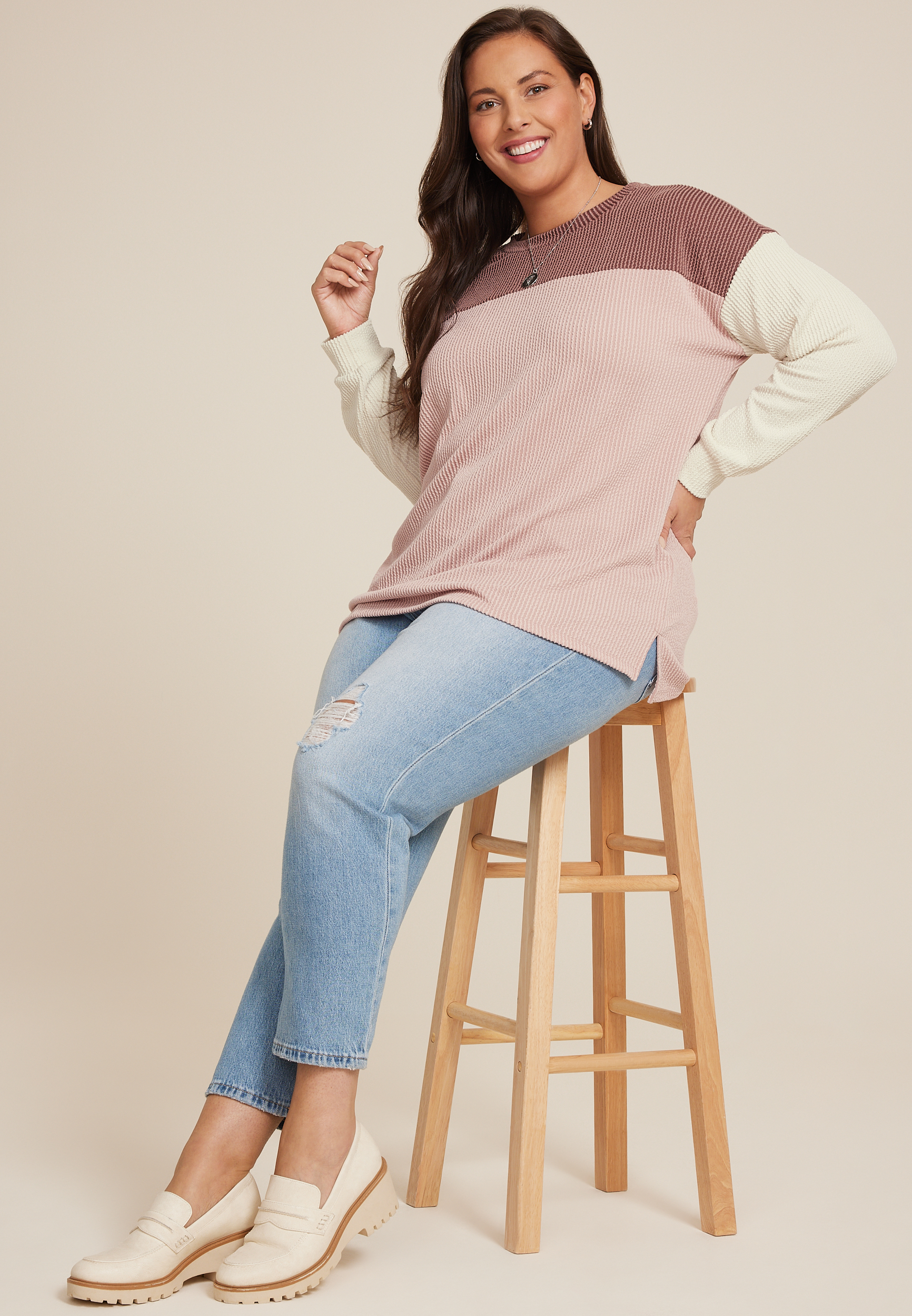 Plus Size Wavy Ribbed Colorblock Tunic | maurices