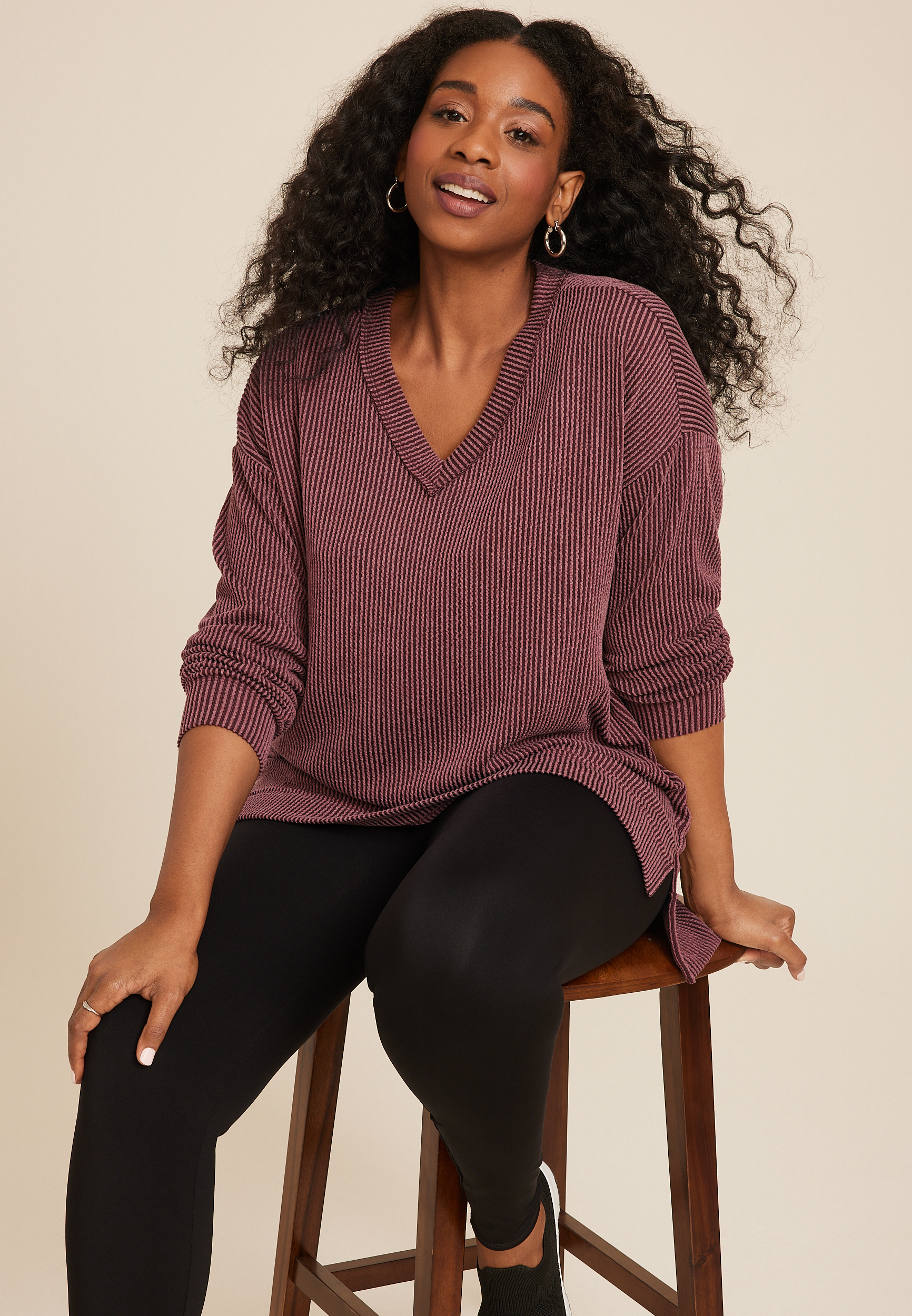 Plus Size Wavy Ribbed V Neck Tunic | maurices