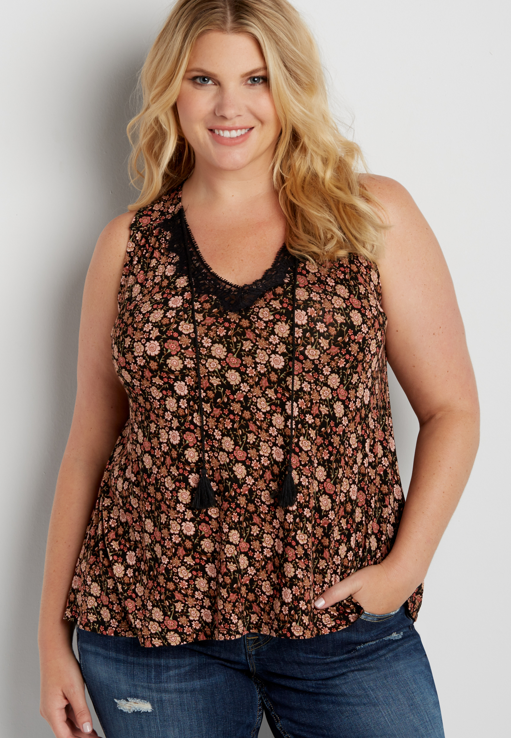 plus size swing tank with lace neckline in floral print | maurices