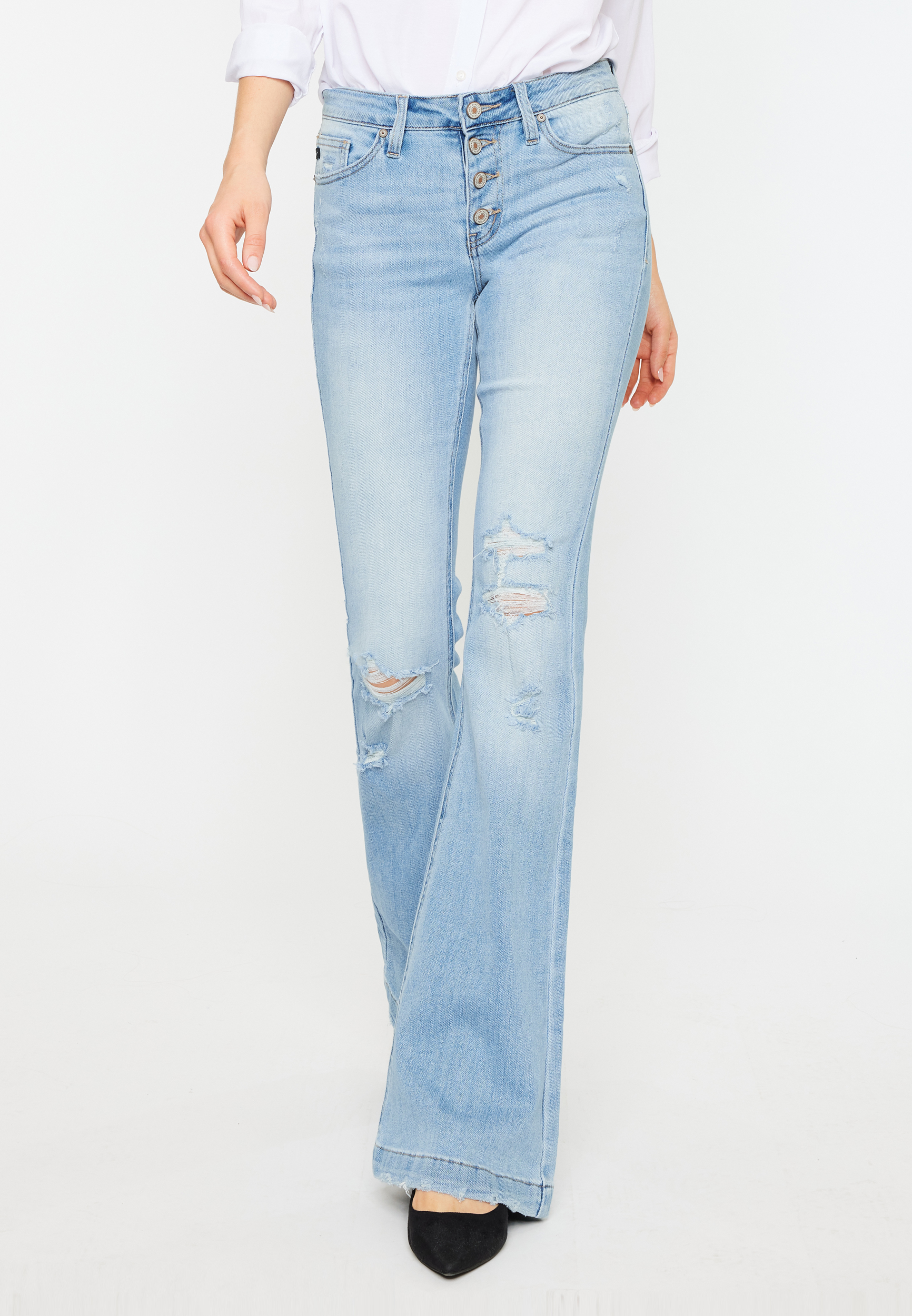 HFS KanCan™ Light Mid Rise Ripped Button Fly Flare Jean | maurices