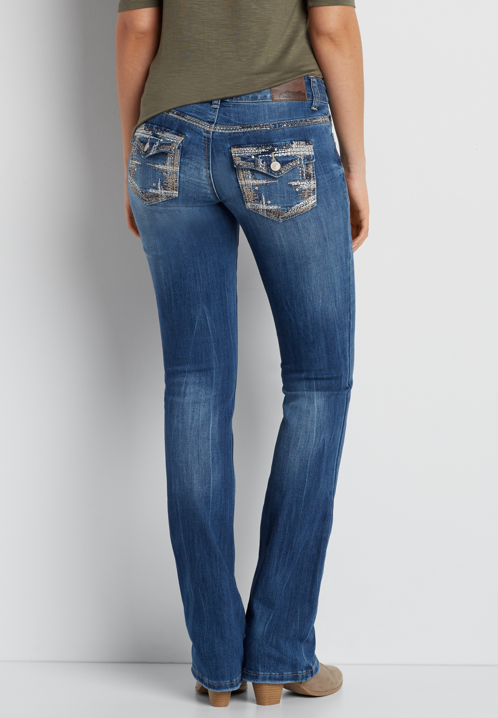 DenimFlex™ embellished back flap bootcut jeans | maurices